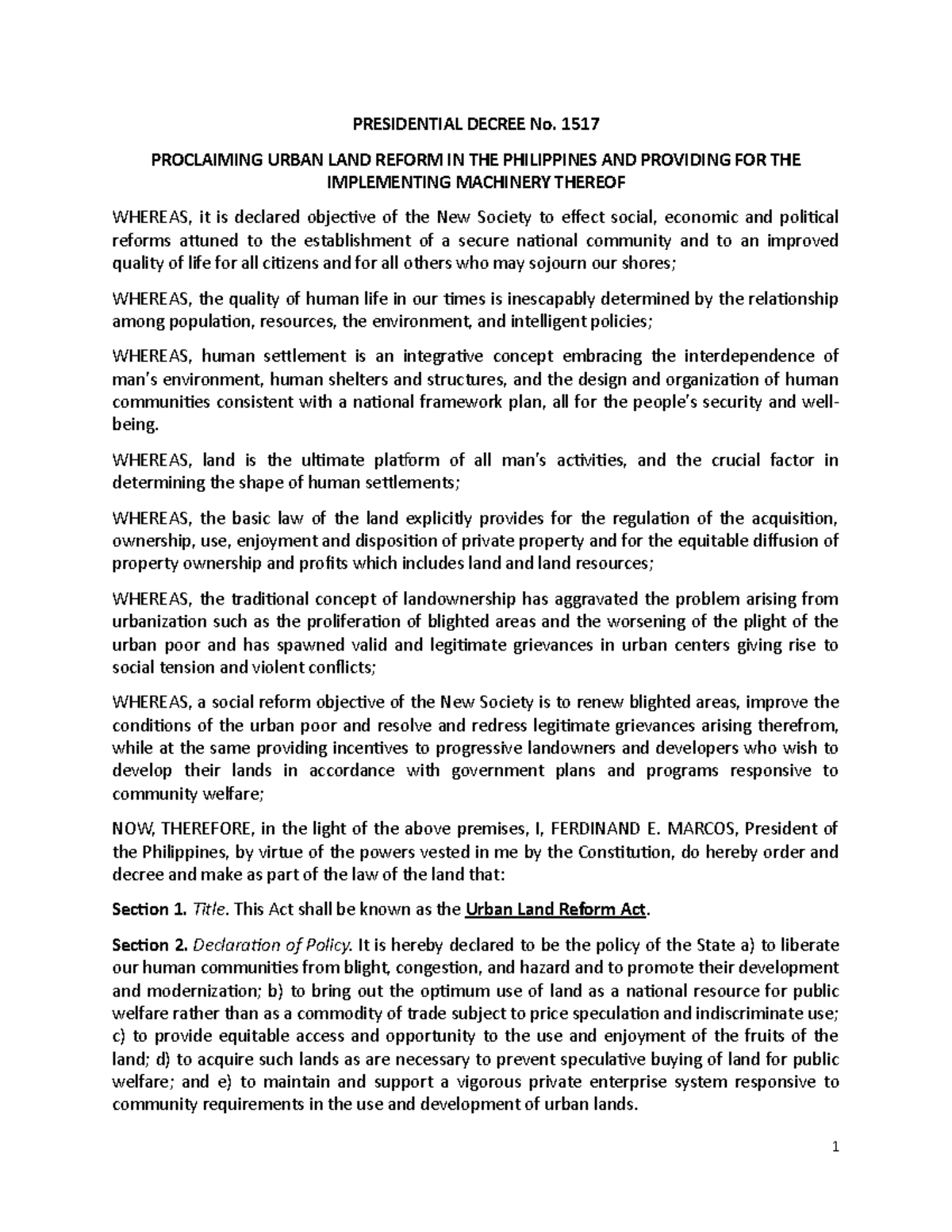 Urban Land Reform Act of 1978: Presidential Decree No. 1517 - Studocu