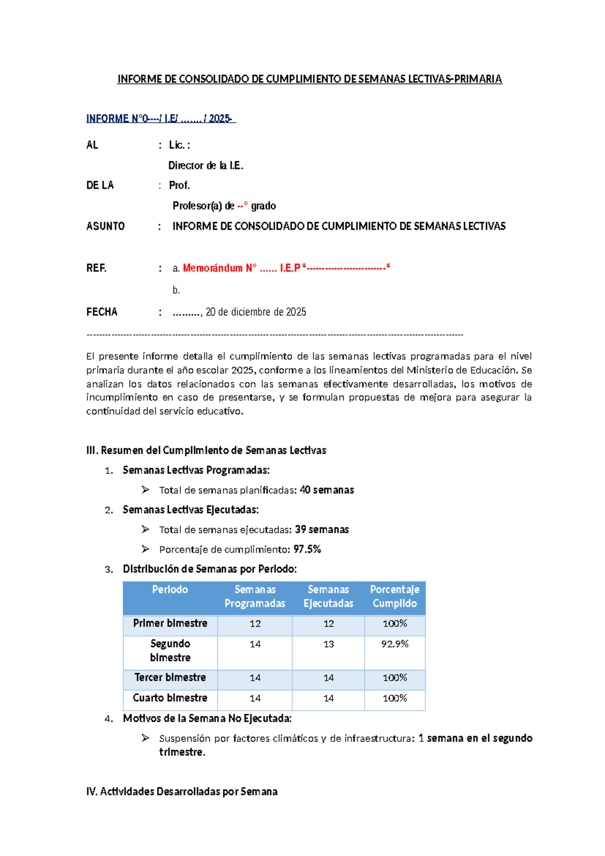 Informe Consolidado de Cumplimiento de Semanas Lectivas 2025 - Studocu