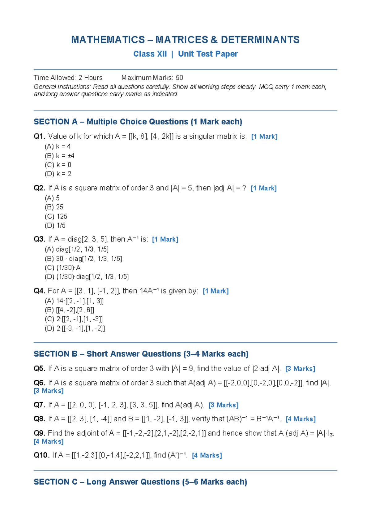 MATHEMATICS MATRICES DETERMINANTS Class XII Unit Test Paper - Studocu