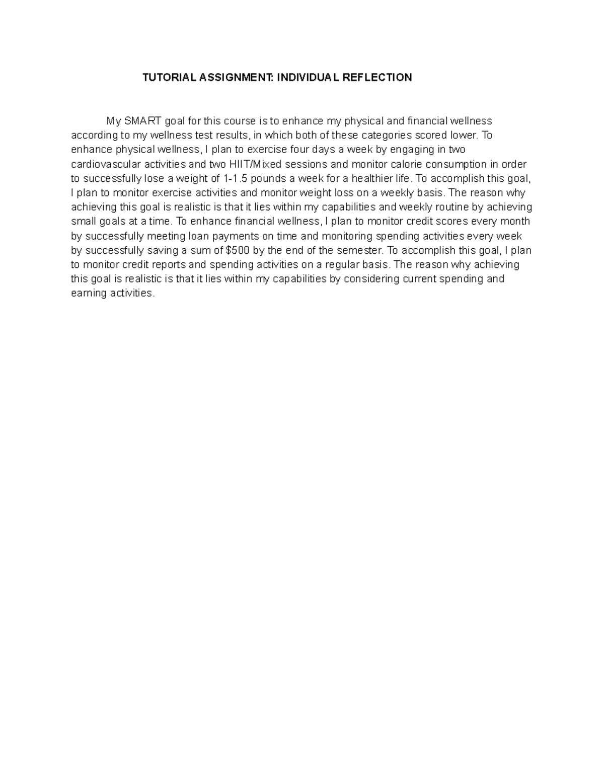 TUTORIAL ASSIGNMENT: SMART Goals for Wellness Reflection - Studocu
