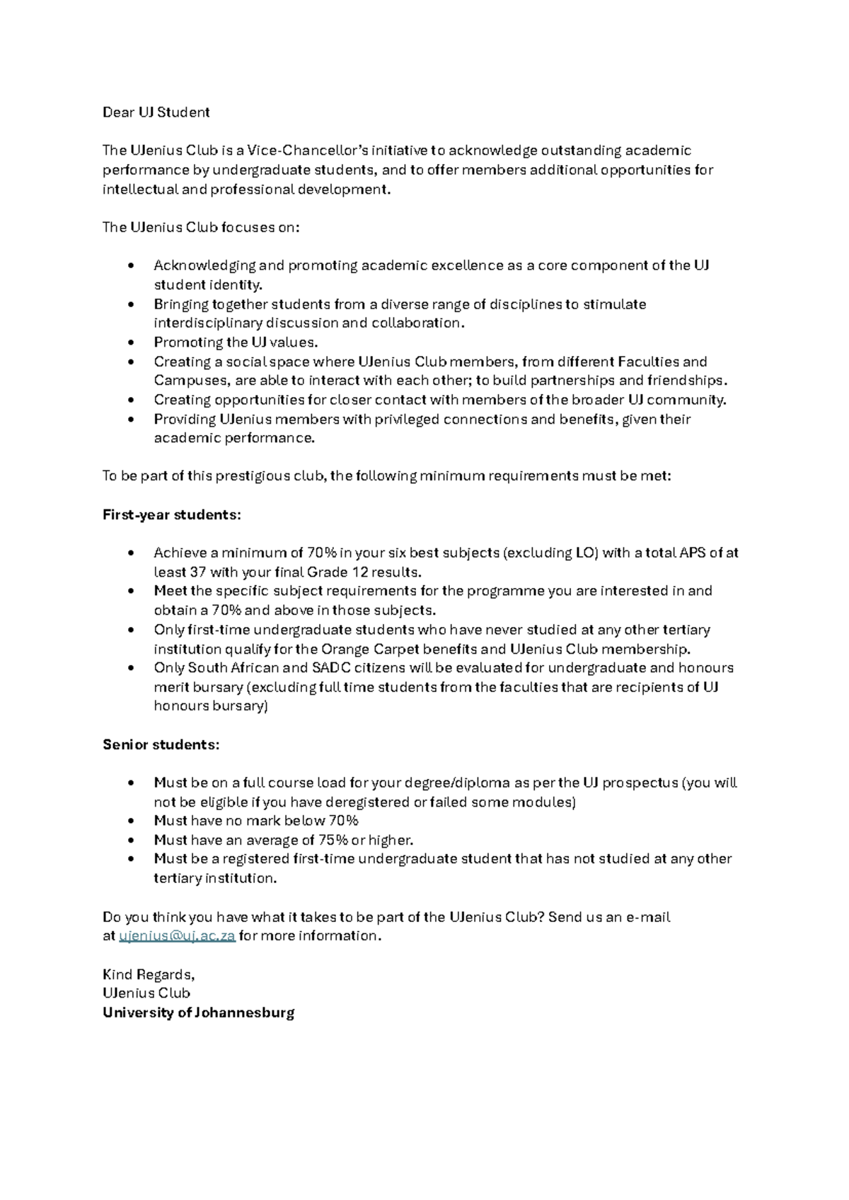 UJenius Club Membership Criteria and Benefits at UJ - Studocu