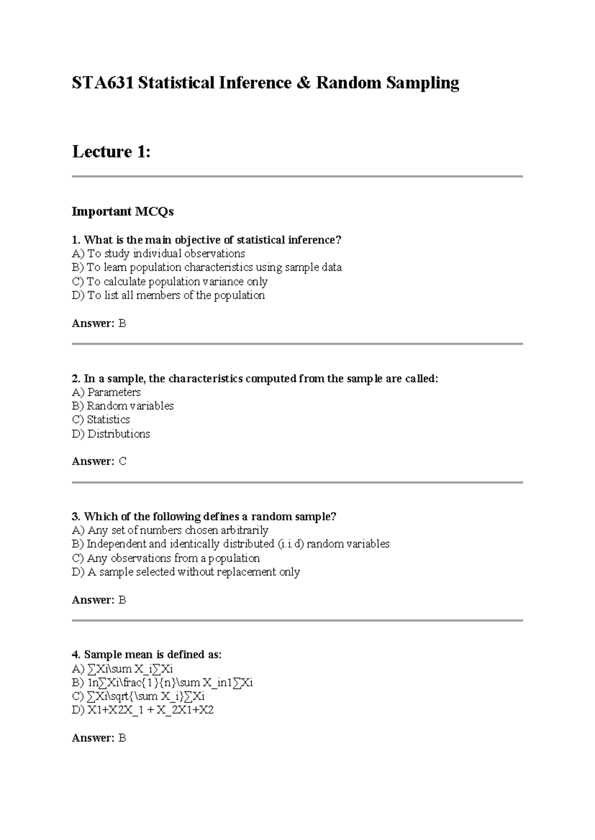 STA631 Statistical Inference Lecture 1 & 2: Key MCQs and Answers - Studocu