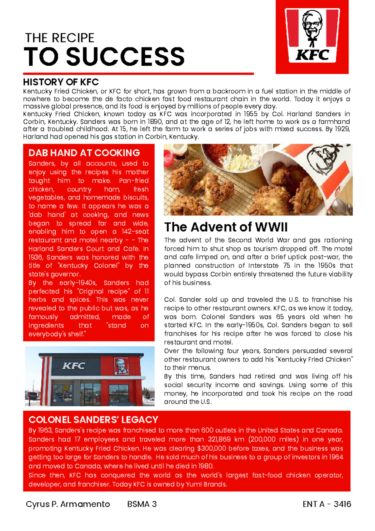 Ent A - Prelim Output - Colonel Sanders - Recipe to Success. - THE ...