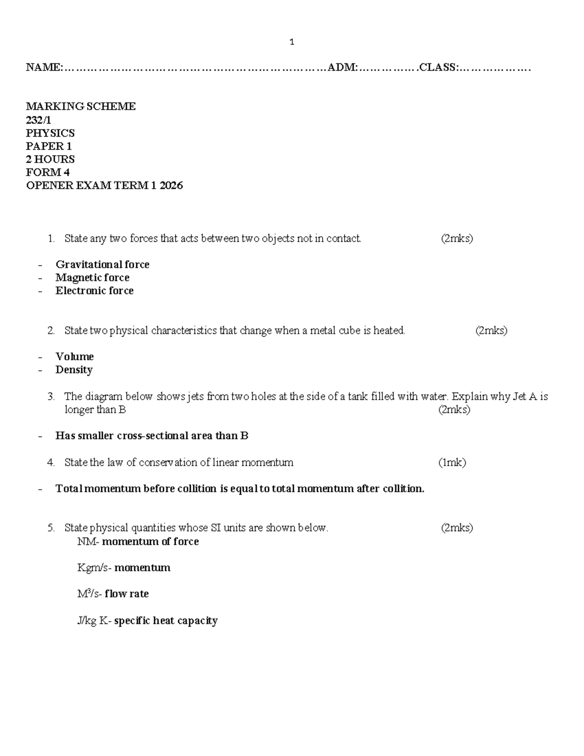 Physics F4 Term 1 2026 Marking Scheme for Paper 1 Exam - Studocu