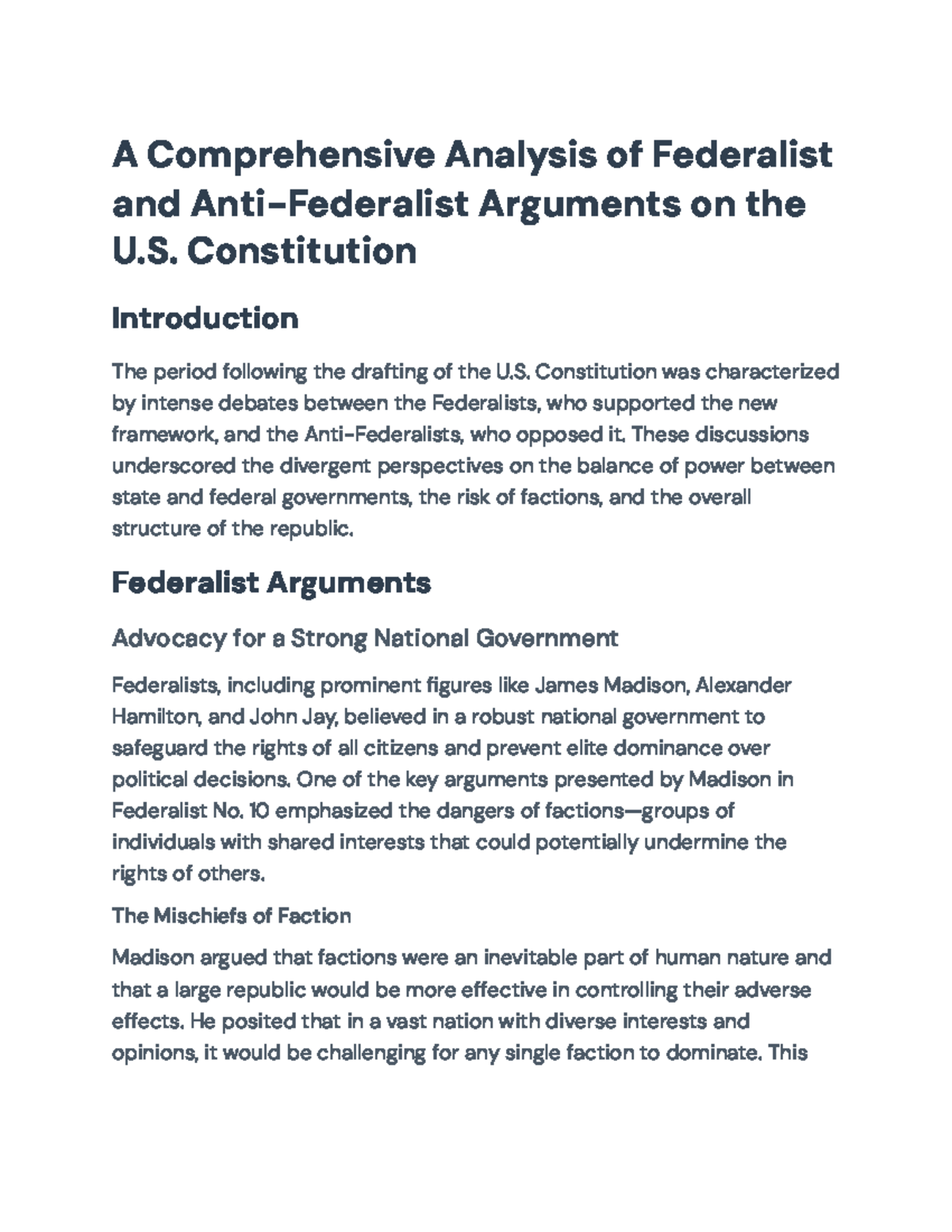 Federalist vs Anti-Federalist Arguments on the U.S. Constitution - A ...