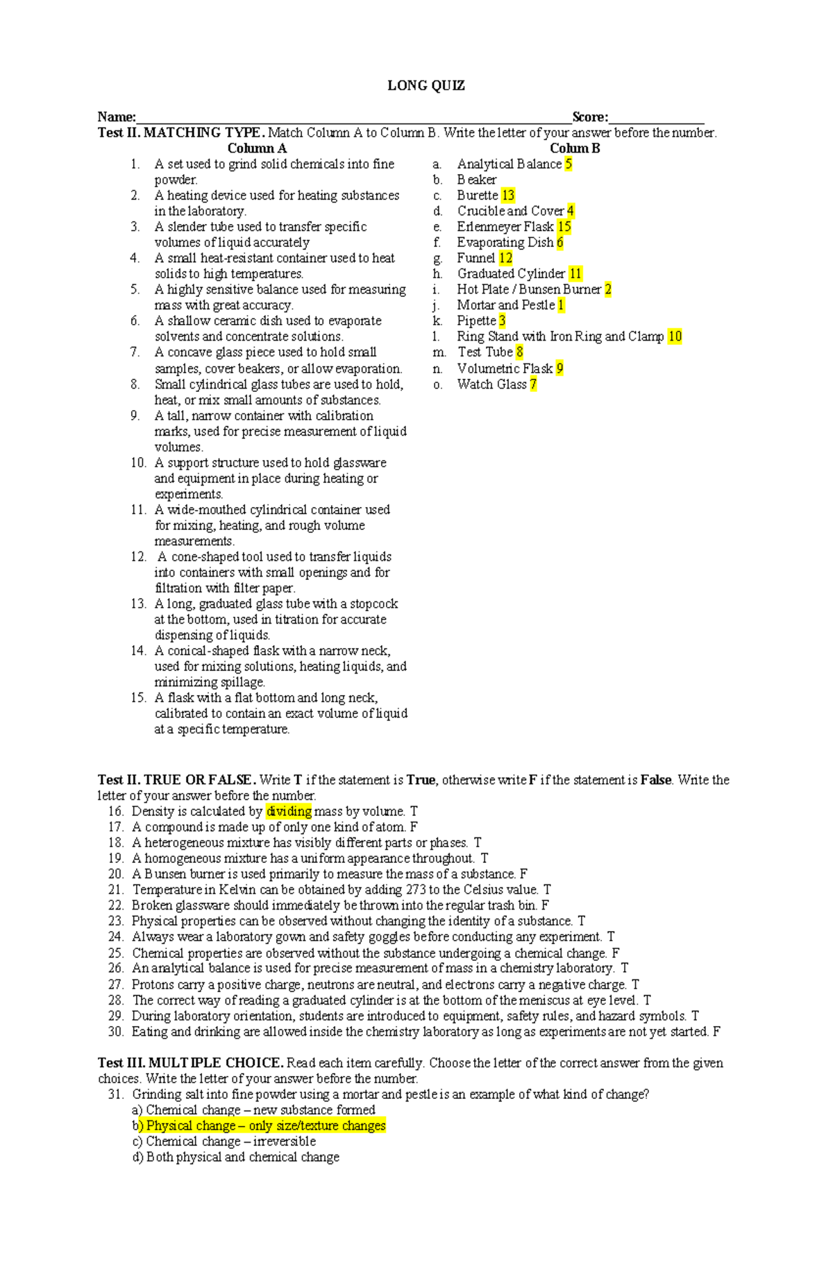 LONG QUIZ II: MATCHING, TRUE/FALSE, MULTIPLE CHOICE & ESSAY in Chem ...