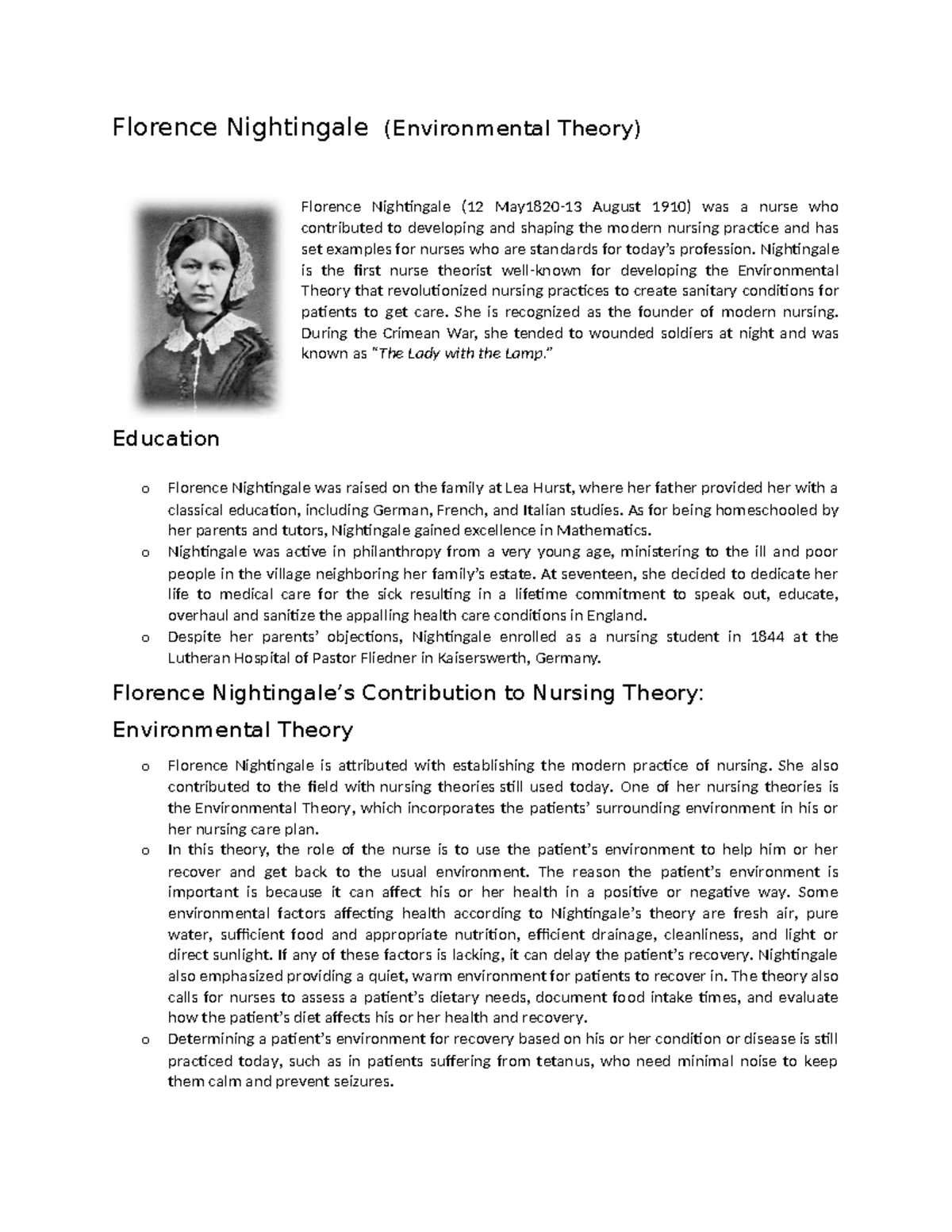 Nursing Theoriest - Florence Nightingale (Environmental Theory ...