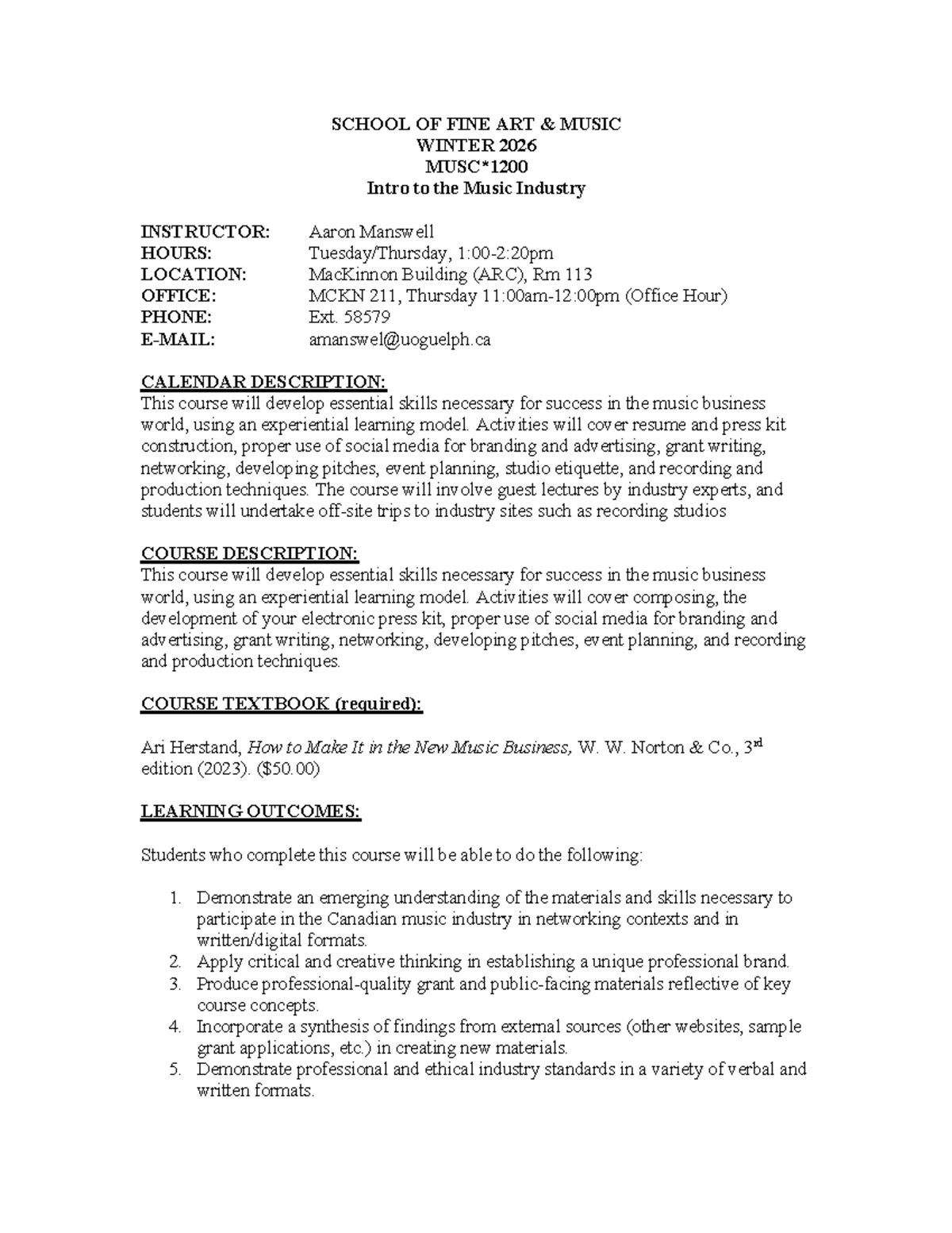 MUSC 1200 - Intro to the Music Industry Course Outline (Winter 2026 ...