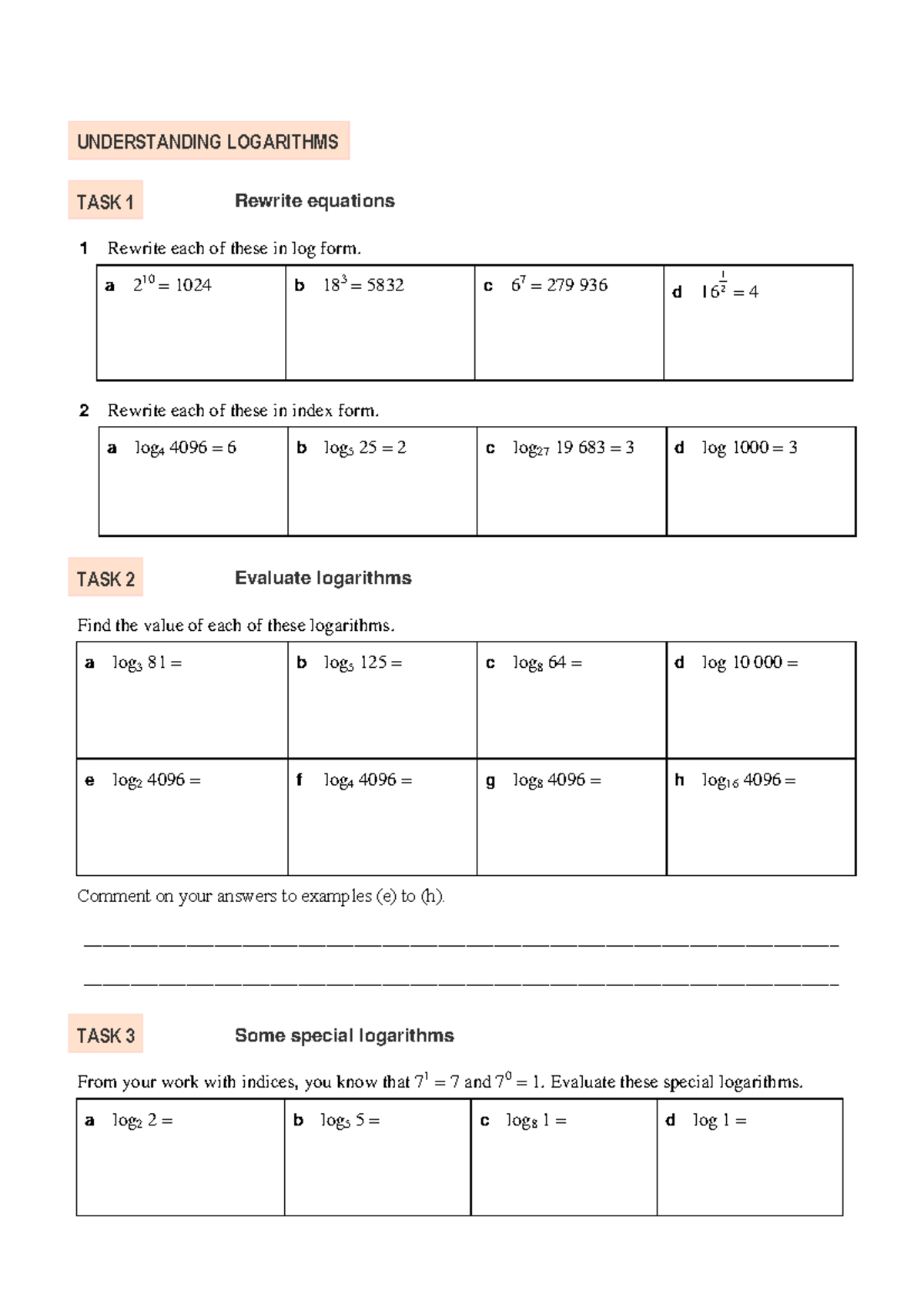Understanding Logarithms: Task 1 & 2 Exercises and Evaluations - Studocu