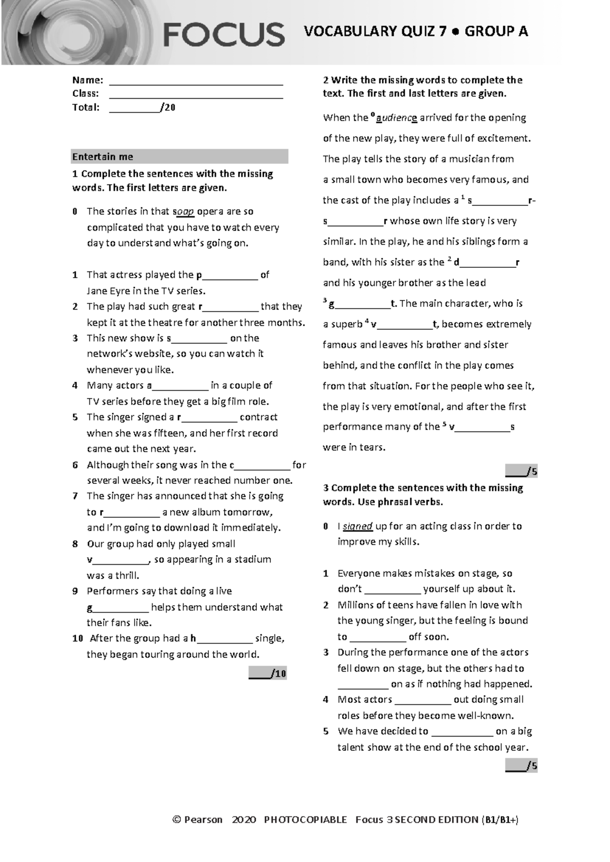 Focus 3 2E Vocabulary Quiz 7 - Group A Answers and Exercises - Studocu