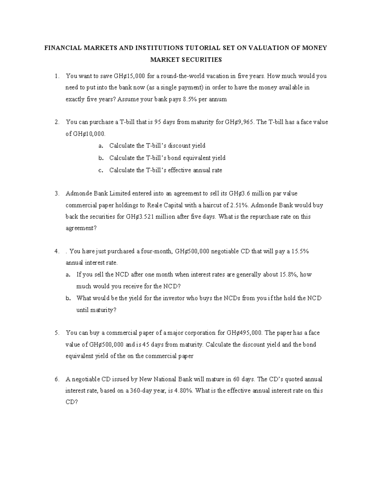 FMI TUTORIAL SET 4: VALUATION OF MONEY MARKET SECURITIES - Studocu