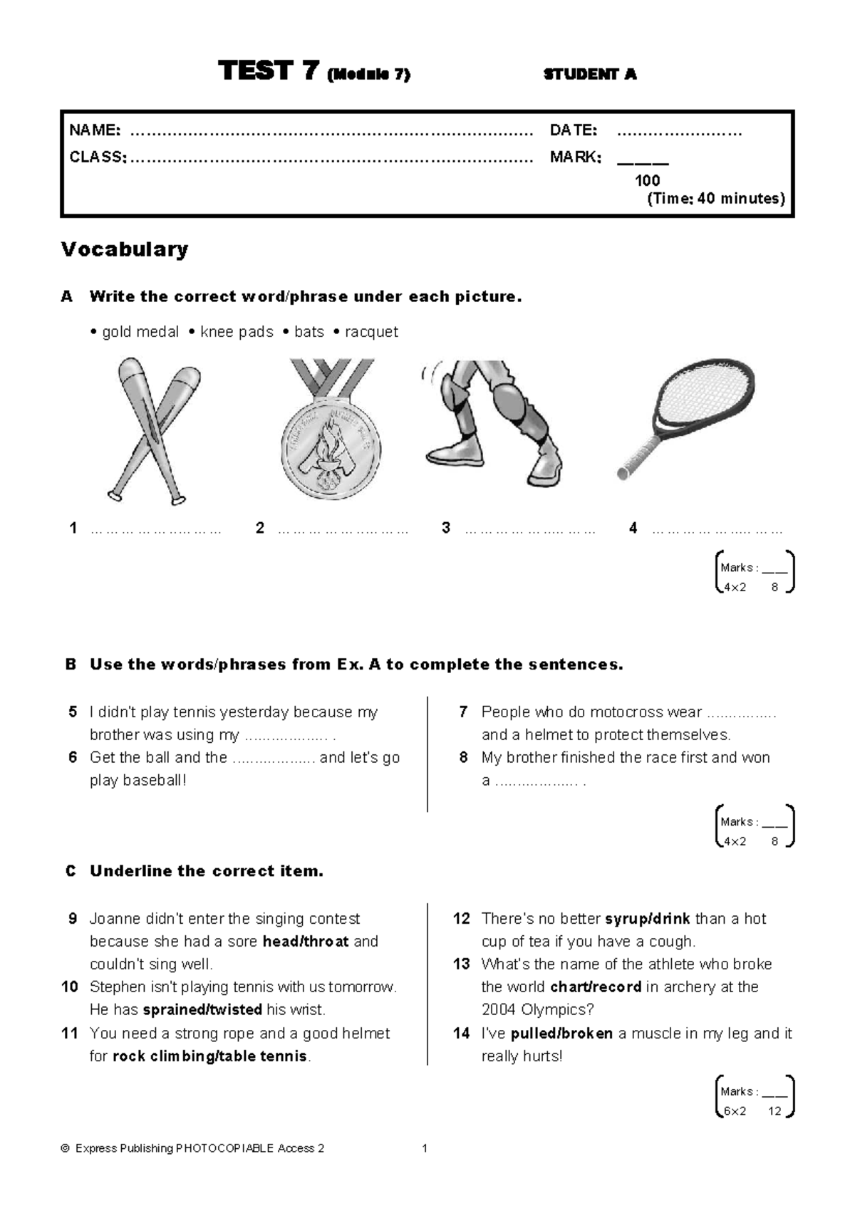 Access 2 Test 7A - Vocabulary, Writing, and Listening Exercises - Studocu