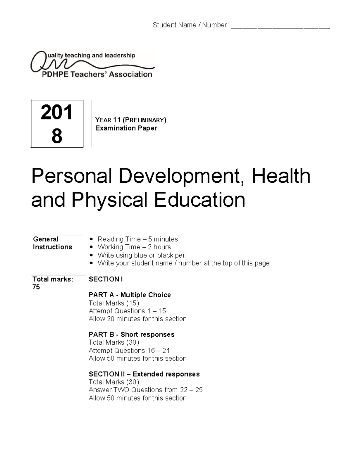 2018 Pdhpeta - Year 11 Pdhpe Exam - Student Name / Number ...