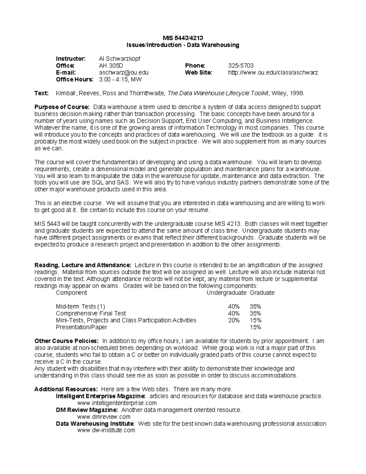 MIS 5443 Data Warehousing Course Syllabus and Overview - Studocu