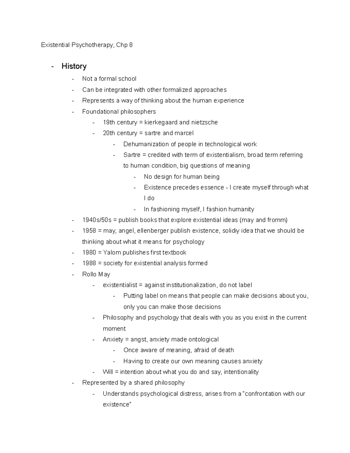 Existential Psychotherapy Overview and Key Concepts (Chp 8) - Studocu