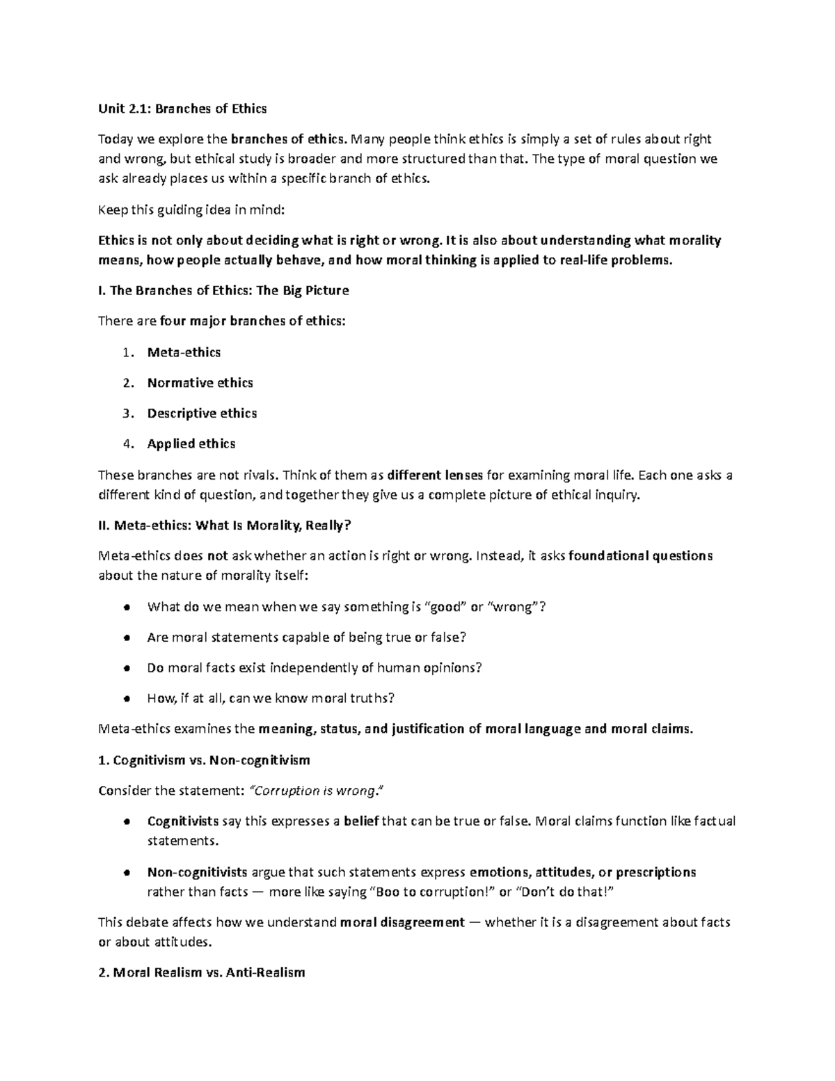 Unit 2.1: Exploring the Major Branches of Ethics - Studocu