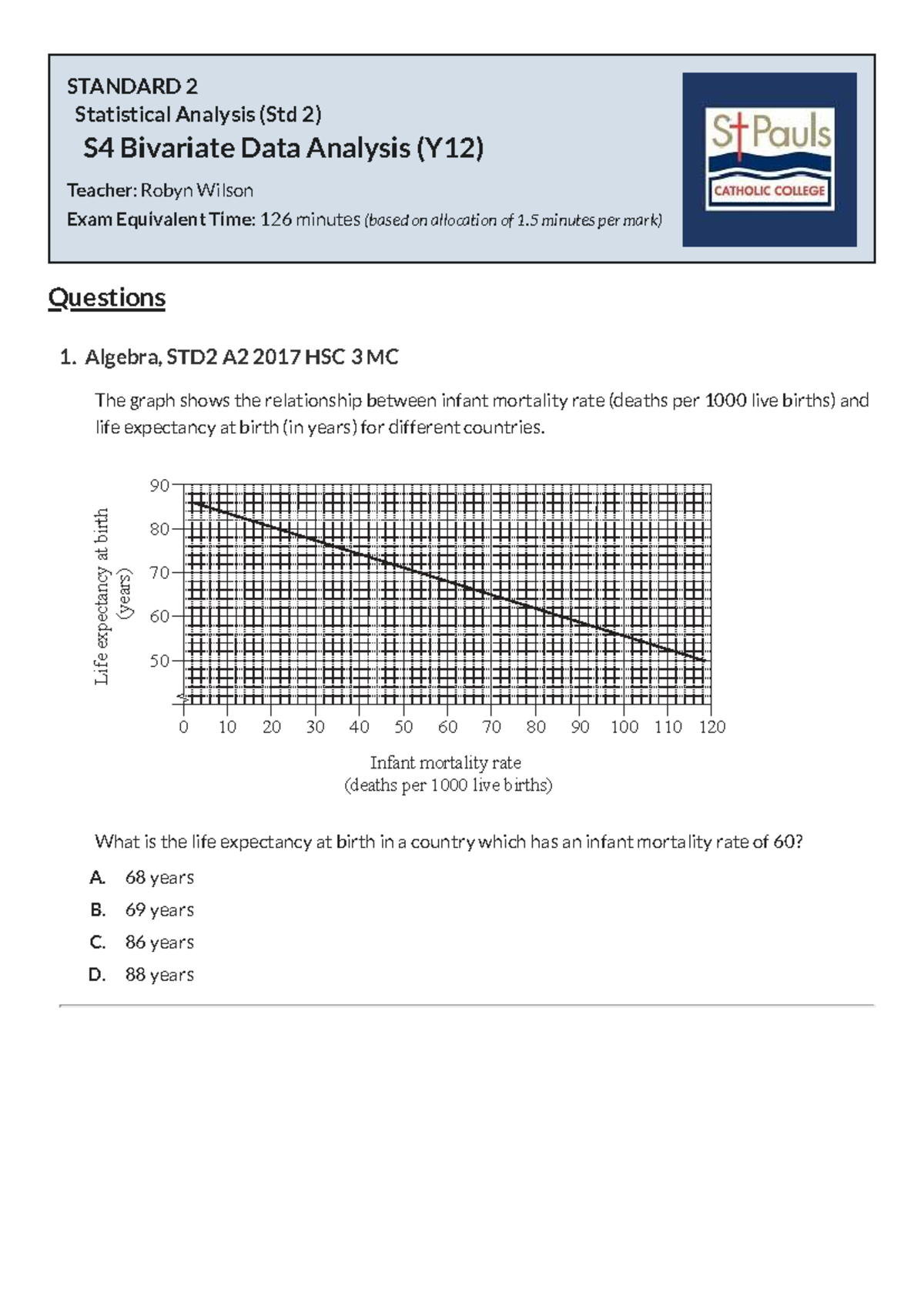 Bivariate Data Analysis Questions (STD2 S4) for HSC Exam - Studocu