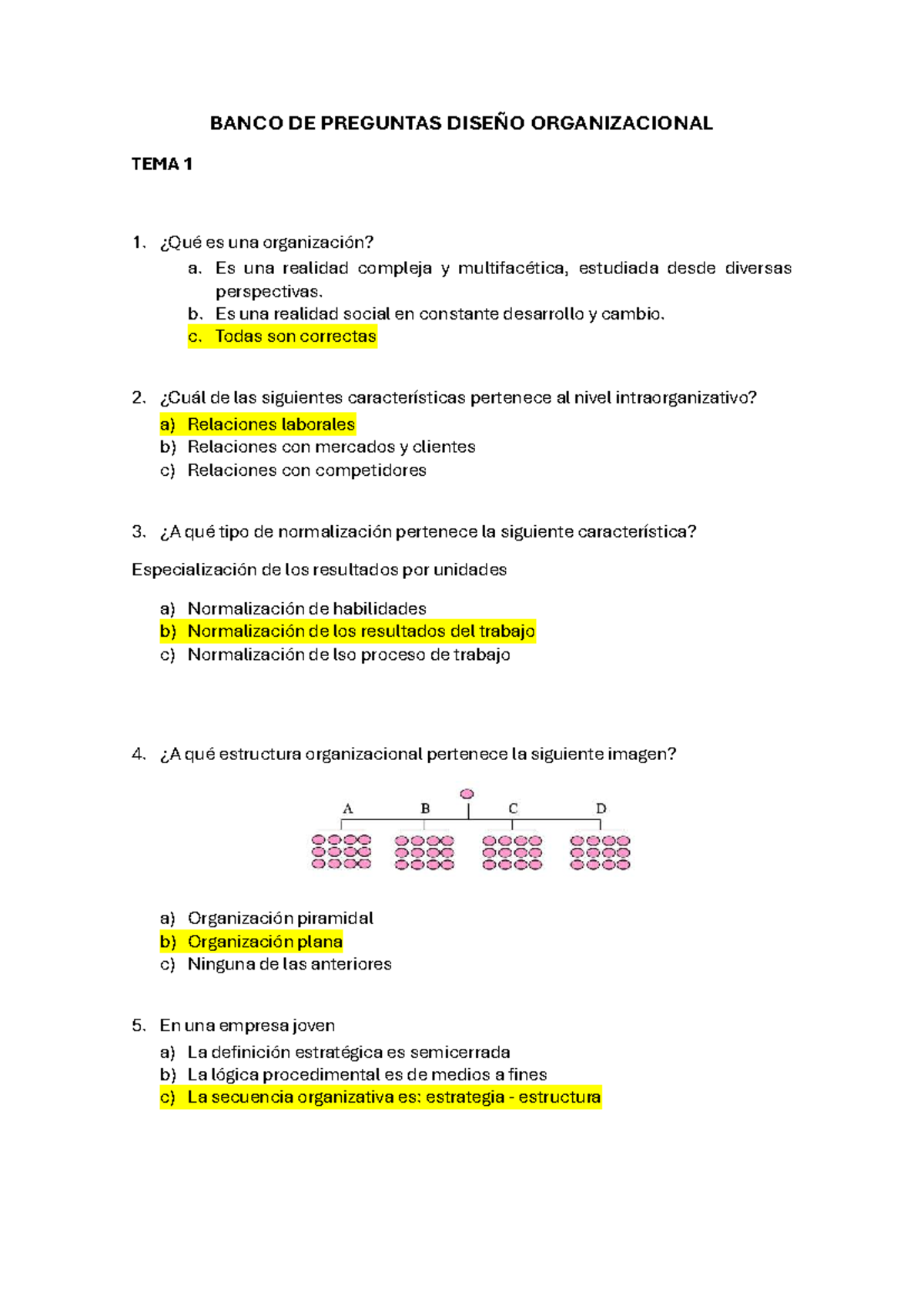 Banco de Preguntas: Diseño Organizacional - Tema 1 y 3 - Studocu