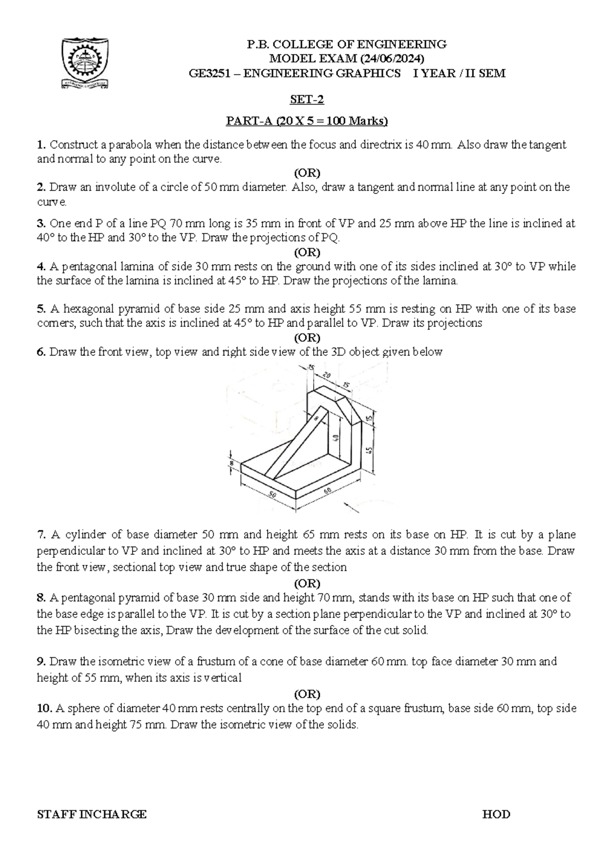 GE3251 Engineering Graphics Model Exam QP Set 2 (24/06/2024) - Studocu