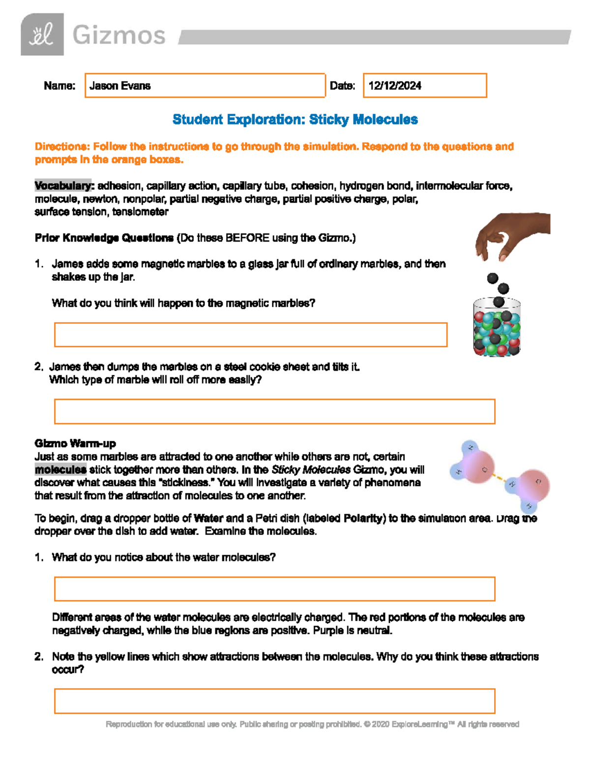Sticky molecules - lol - Gizmos Name: Jason Evans Date: Student ...