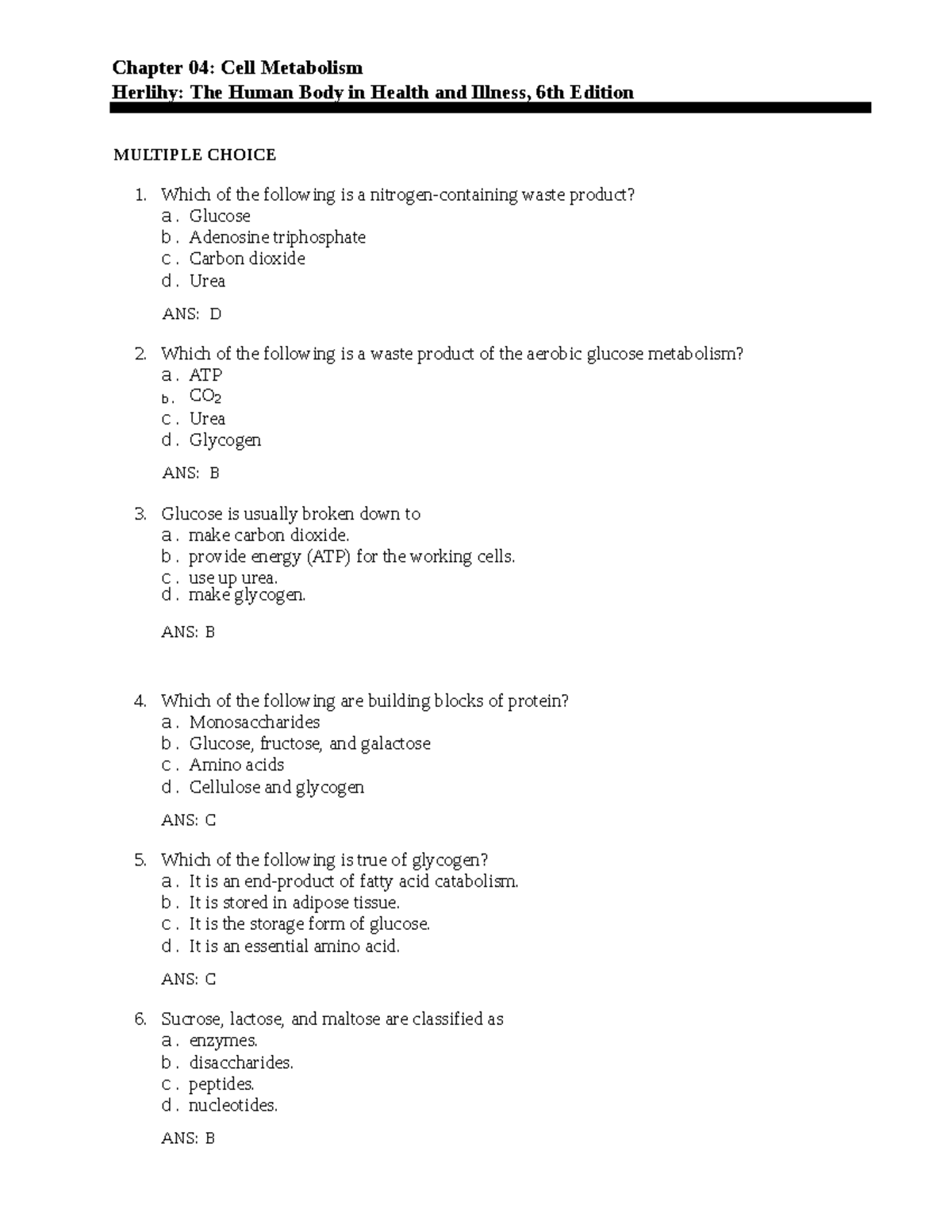 Ch 4 bio - ch 4 - Chapter 04: Cell Metabolism Herlihy: The Human Body ...