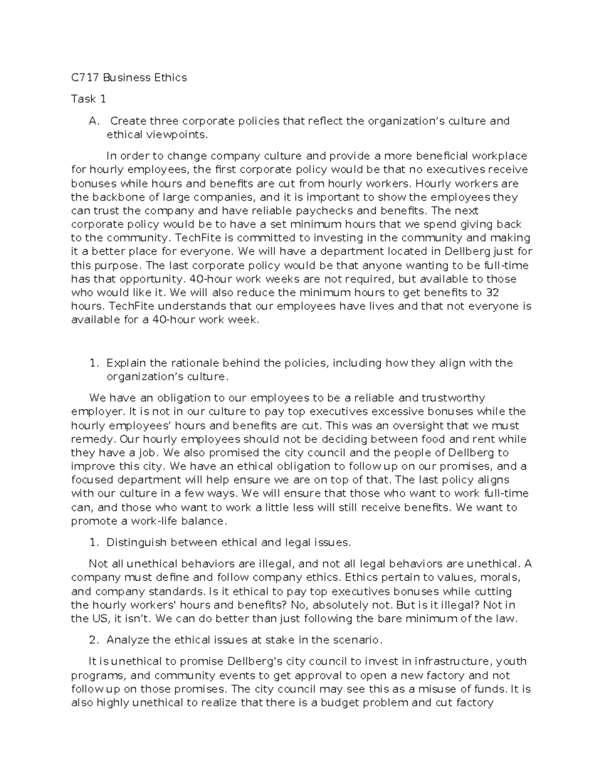 Task 1 - C717 - Passed first submission - C717 Business Ethics Task 1 A ...