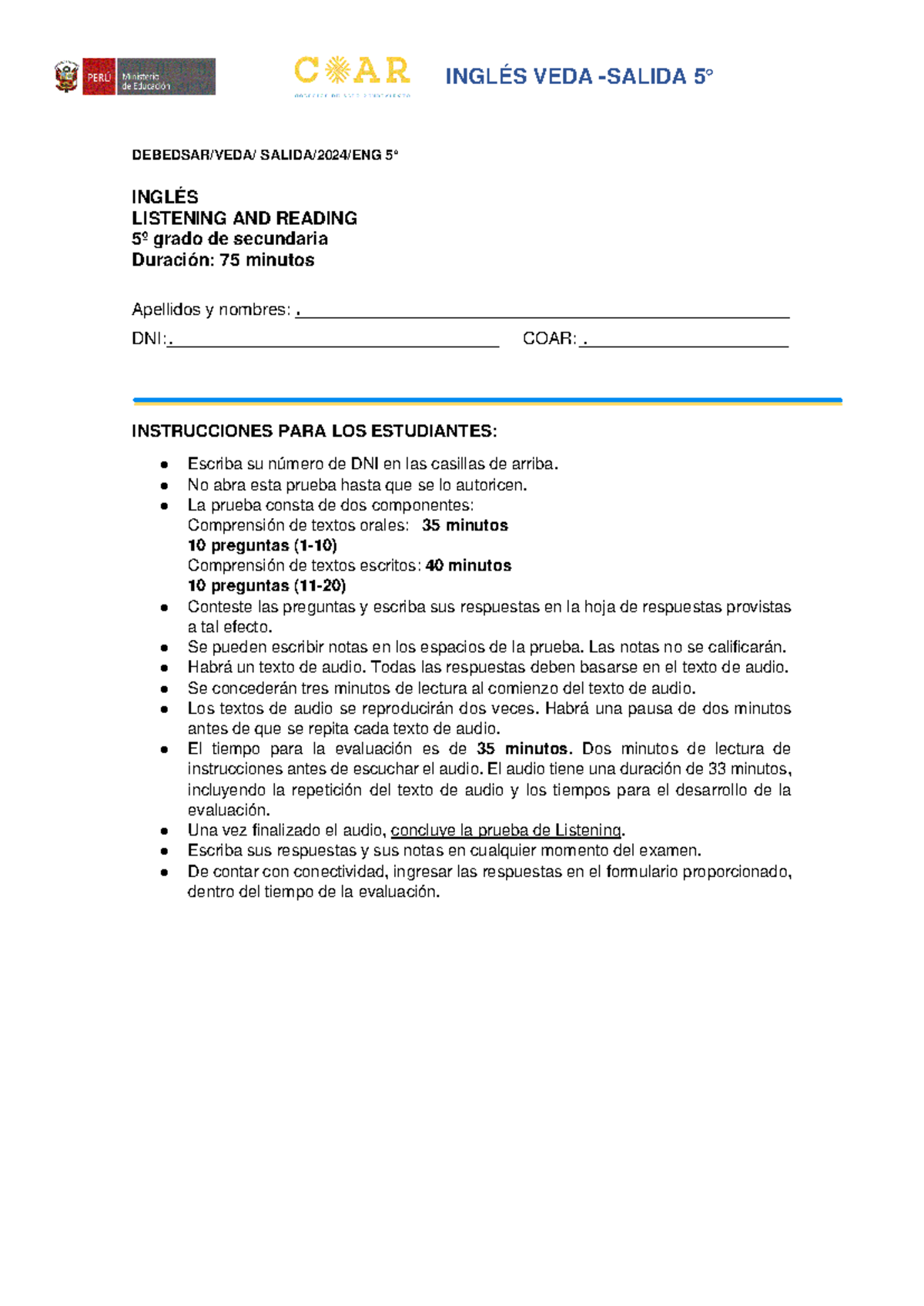 VEDA 5° Listening and Reading Exam Instructions 2024 - Studocu