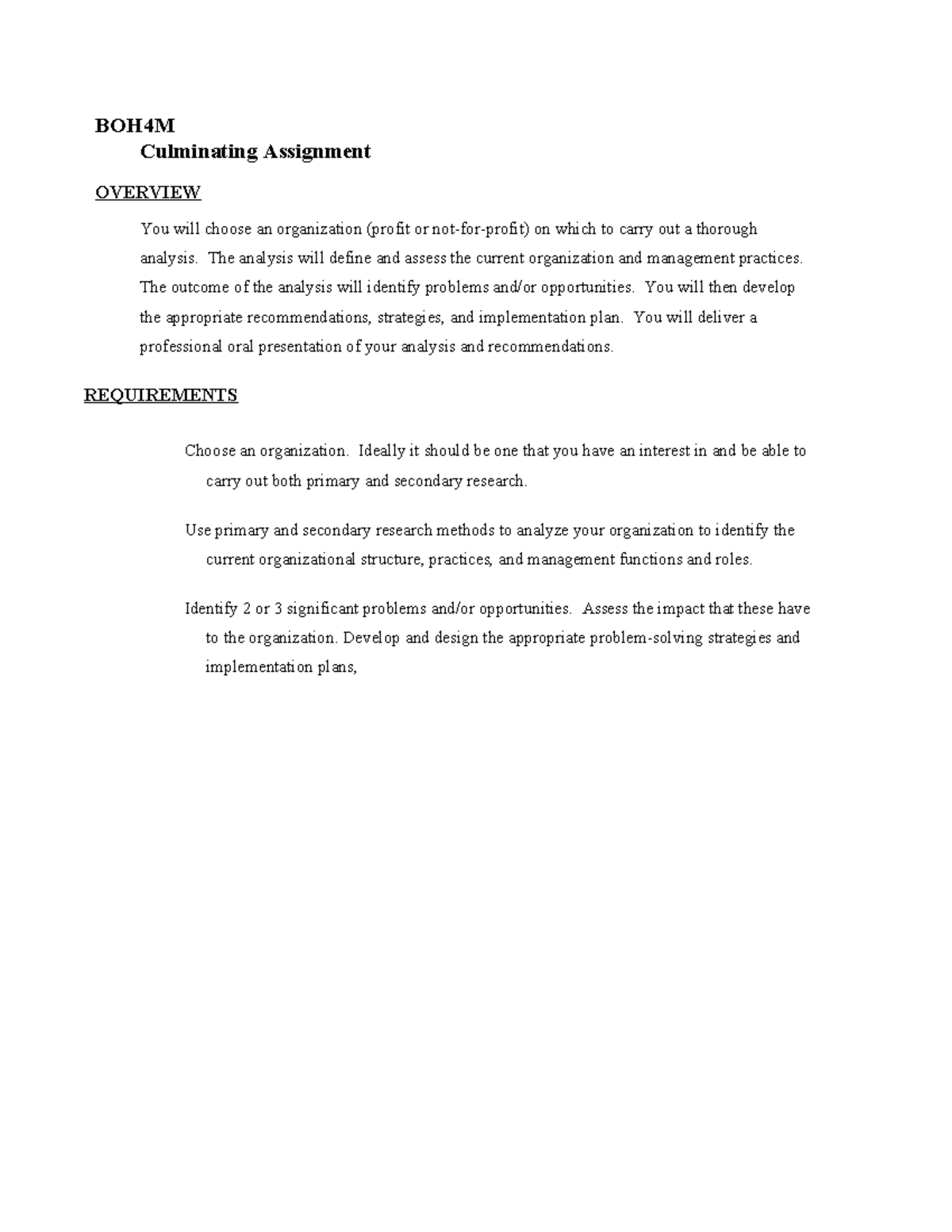 2024BOH4M Culminating - BOH4M Culminating Assignment OVERVIEW You will ...