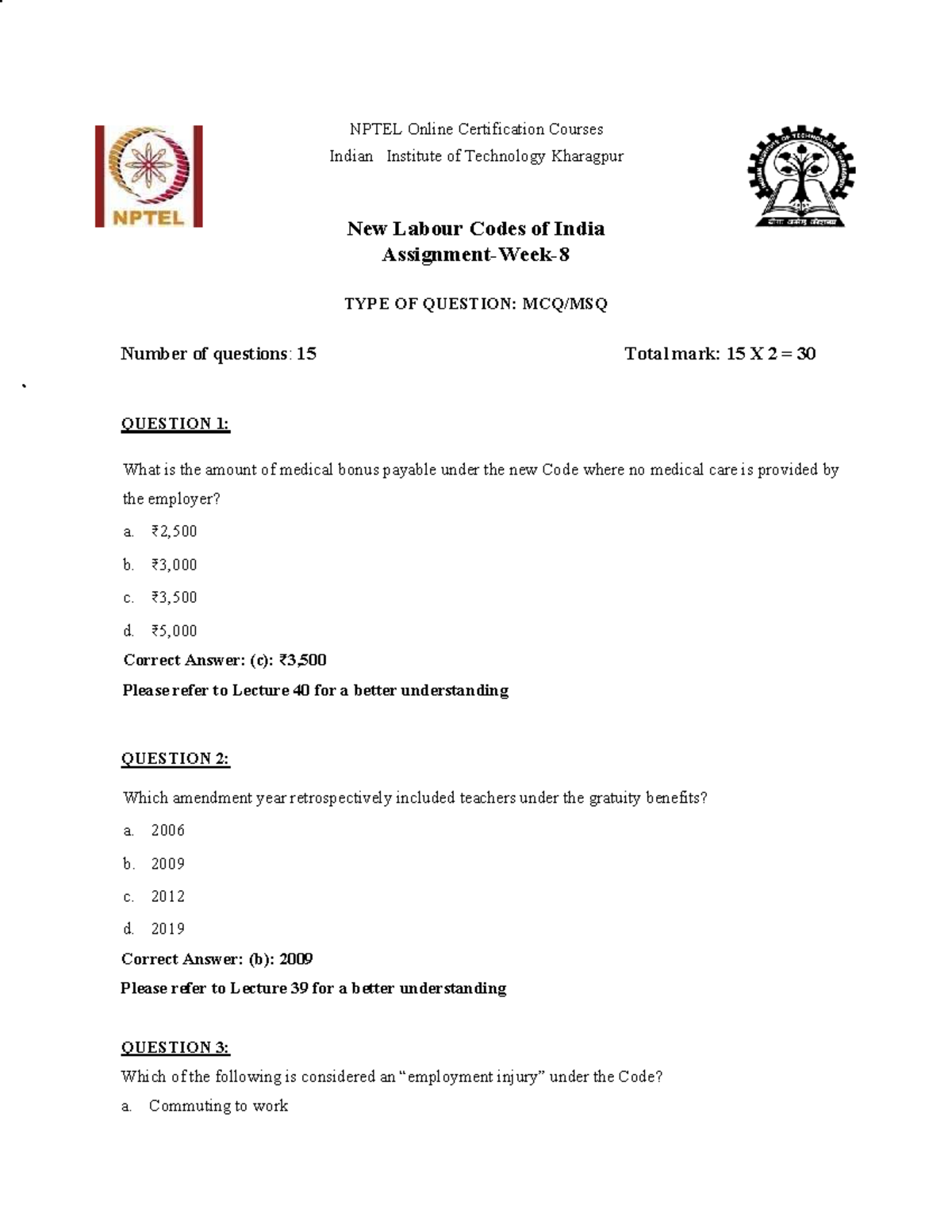 NPTEL Week 08 Assignment Solutions: New Labour Codes of India - Studocu
