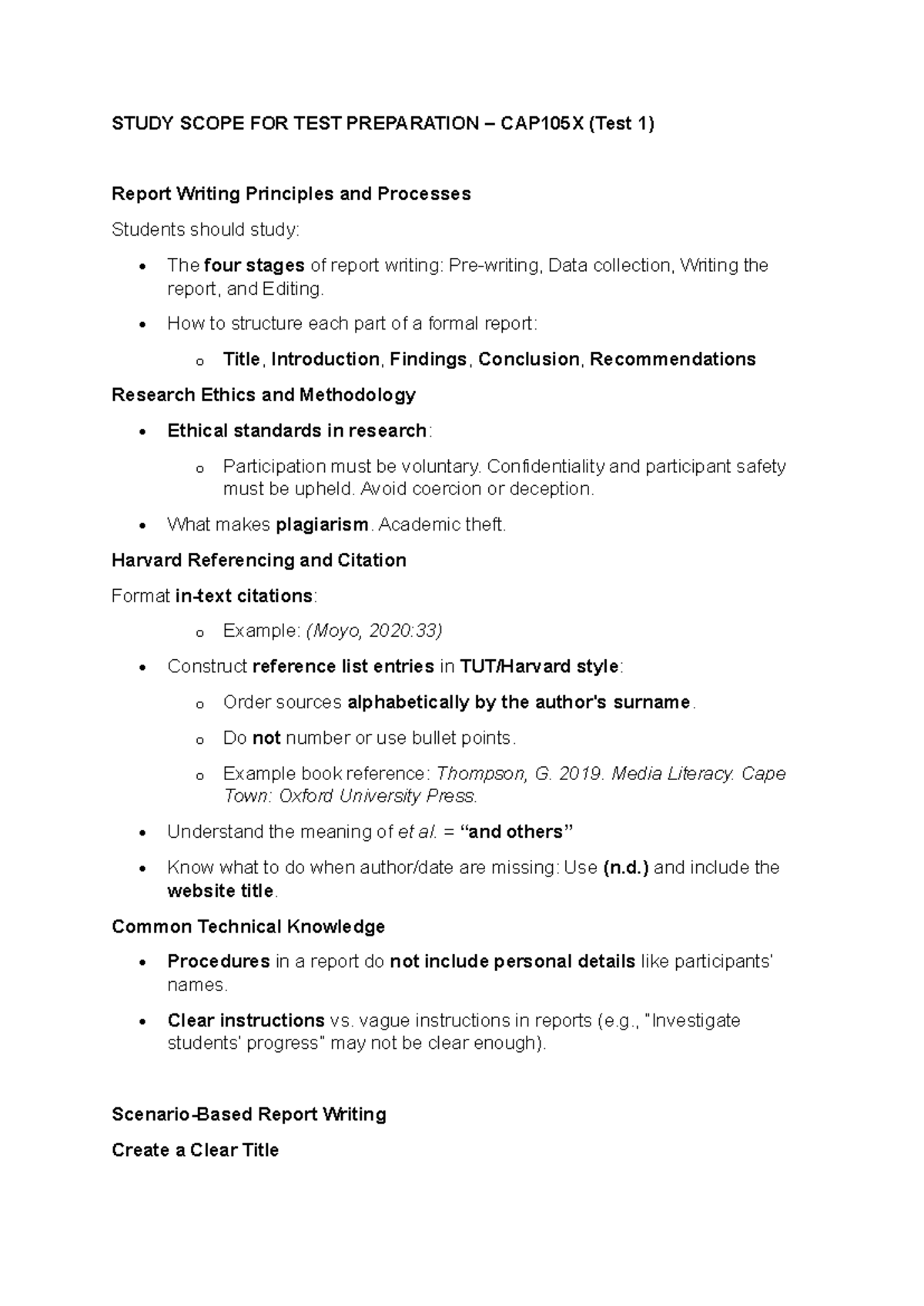 Study Scope for Test 1 - CAP105X: Report Writing Principles & Ethics ...
