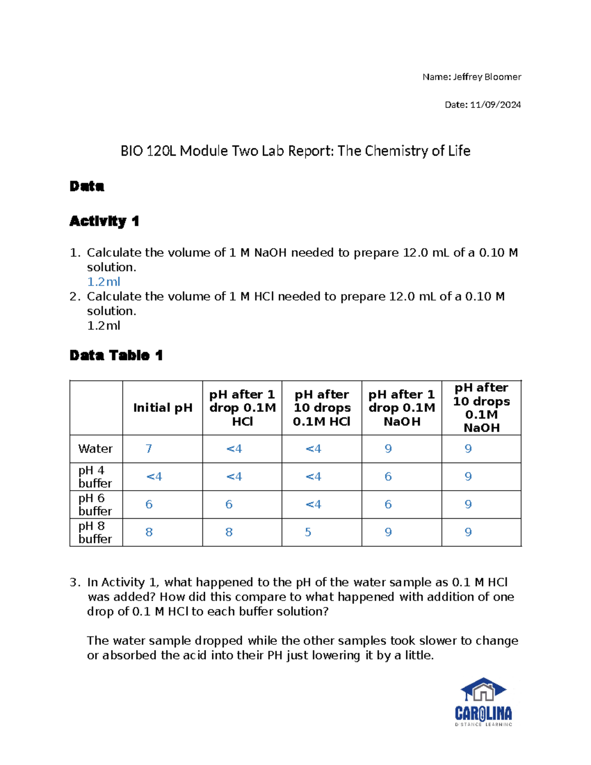 BIO 120L Lab Report: Module Two - The Chemistry of Life Analysis - Studocu