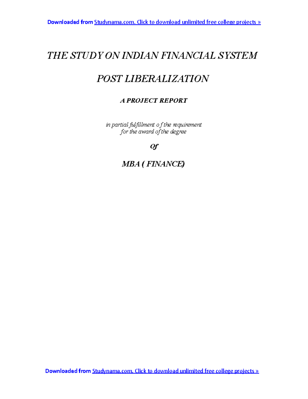 MBA Finance Project - Analysis of Indian Financial System Post ...