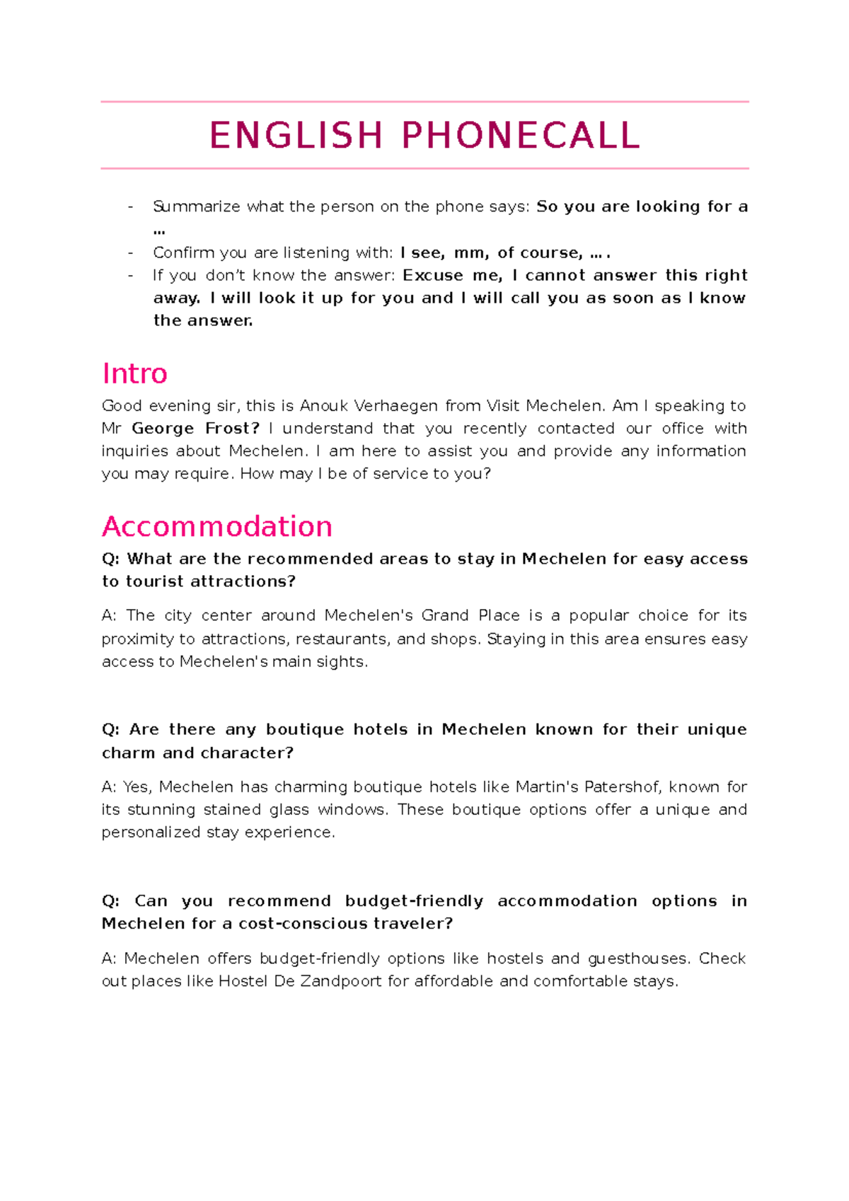 English Phone Call Preparation: Key Tips and Sample Conversations - Studocu