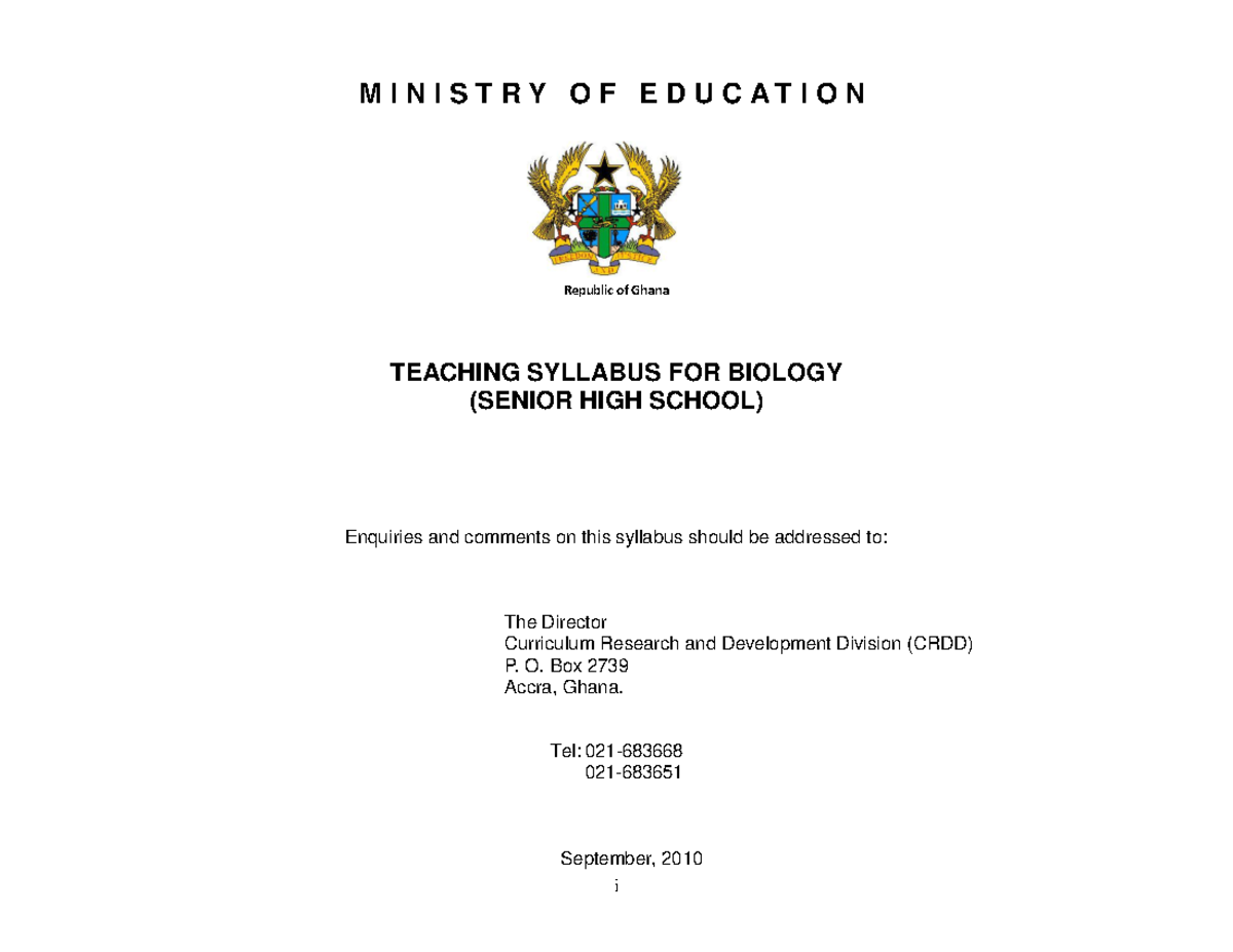Elective Biology Syllabus for Senior High School (SHS) - Studocu