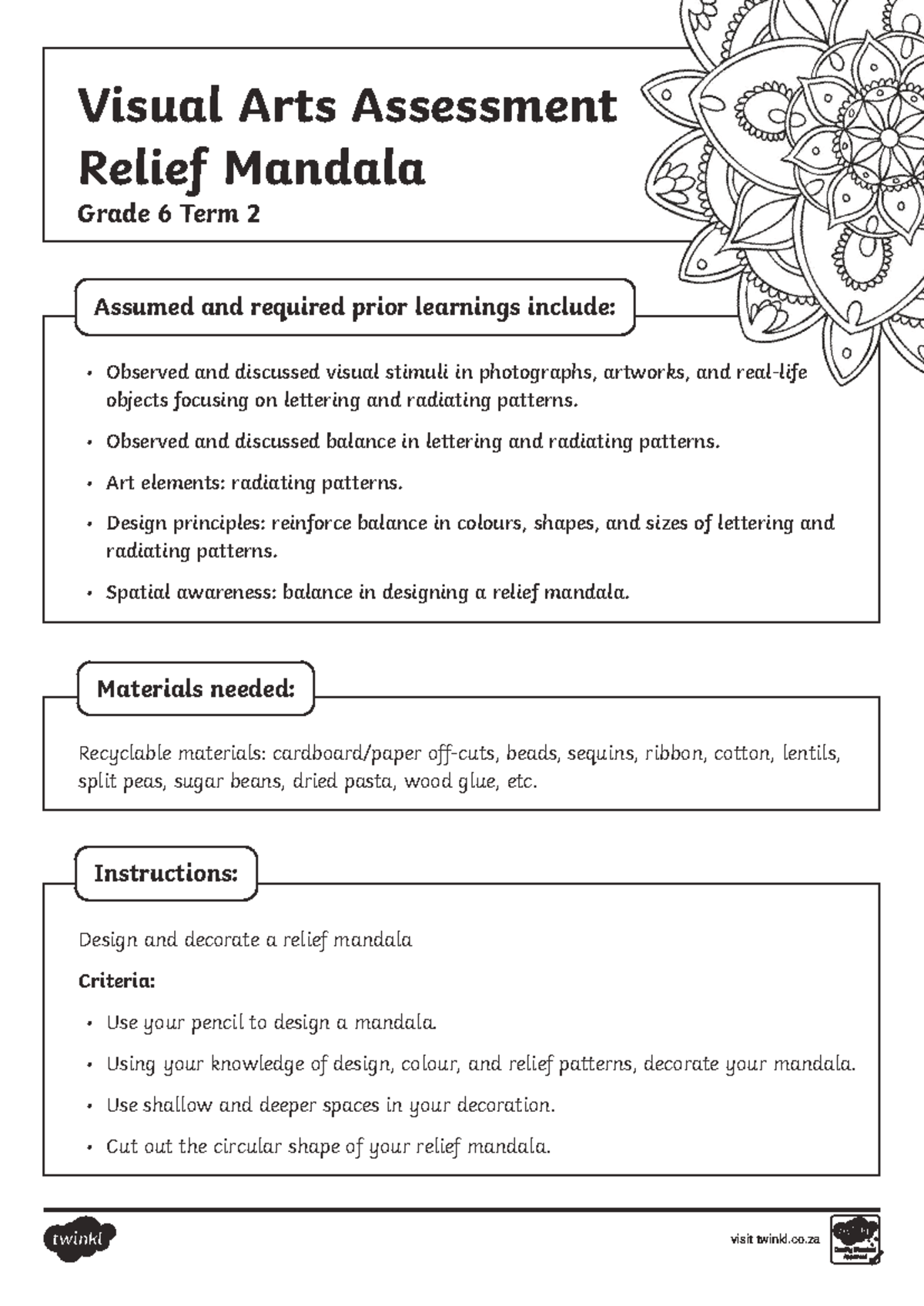 Grade 6 Visual Arts Term 2 Assessment: Relief Mandala Design - Studocu