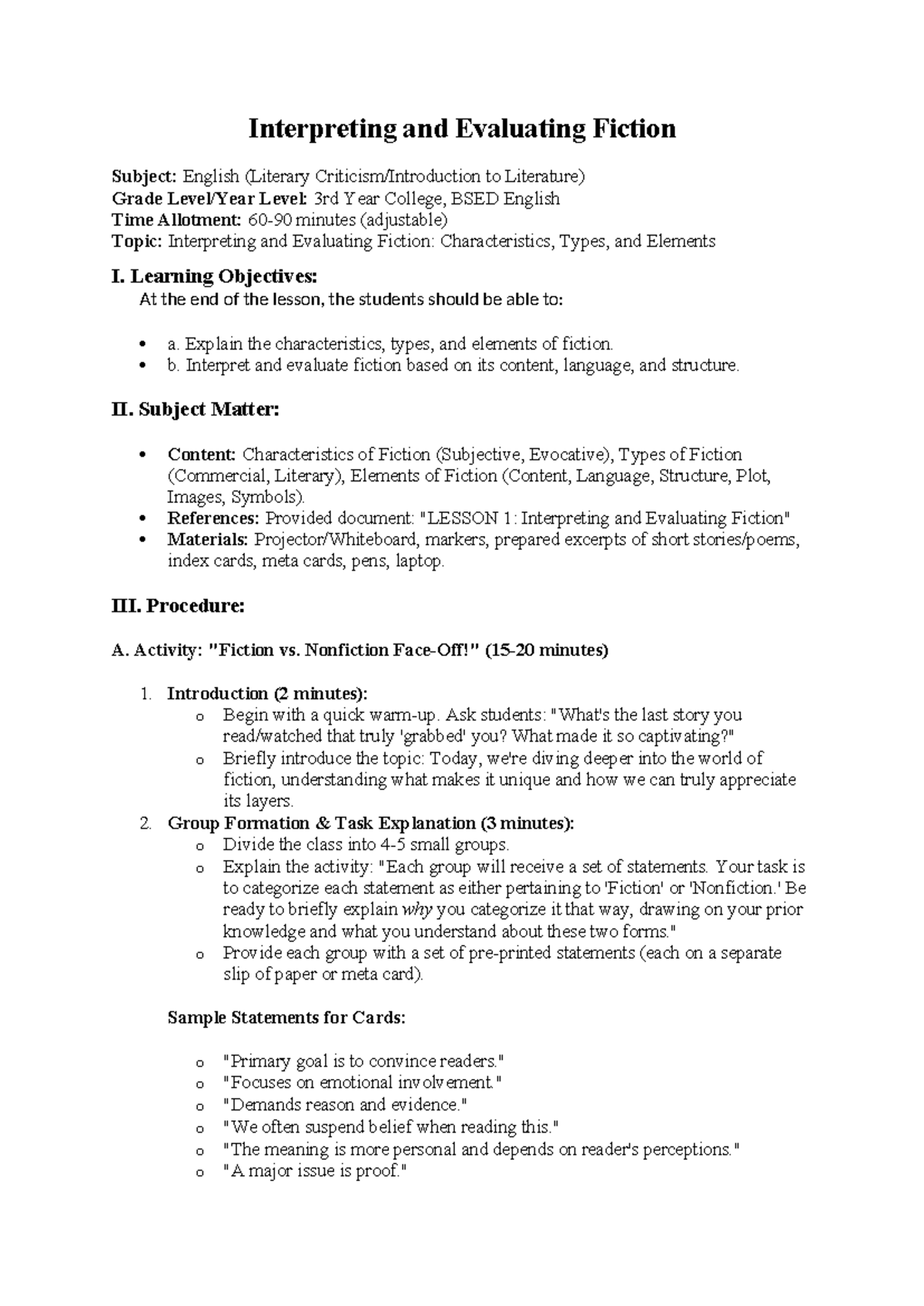 BSED English 4As Lesson Plan: Interpreting & Evaluating Fiction - Studocu