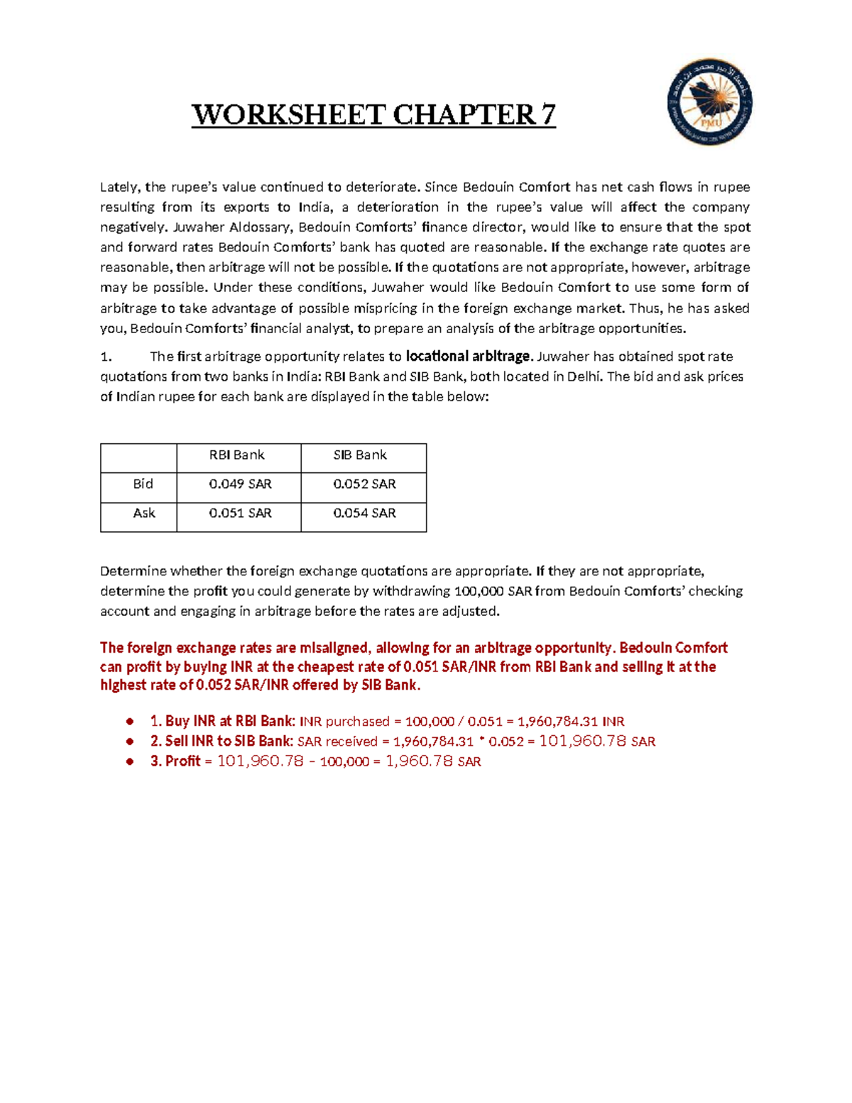 Worksheet Chapter 2 - International Finance Assignment on Arbitrage ...