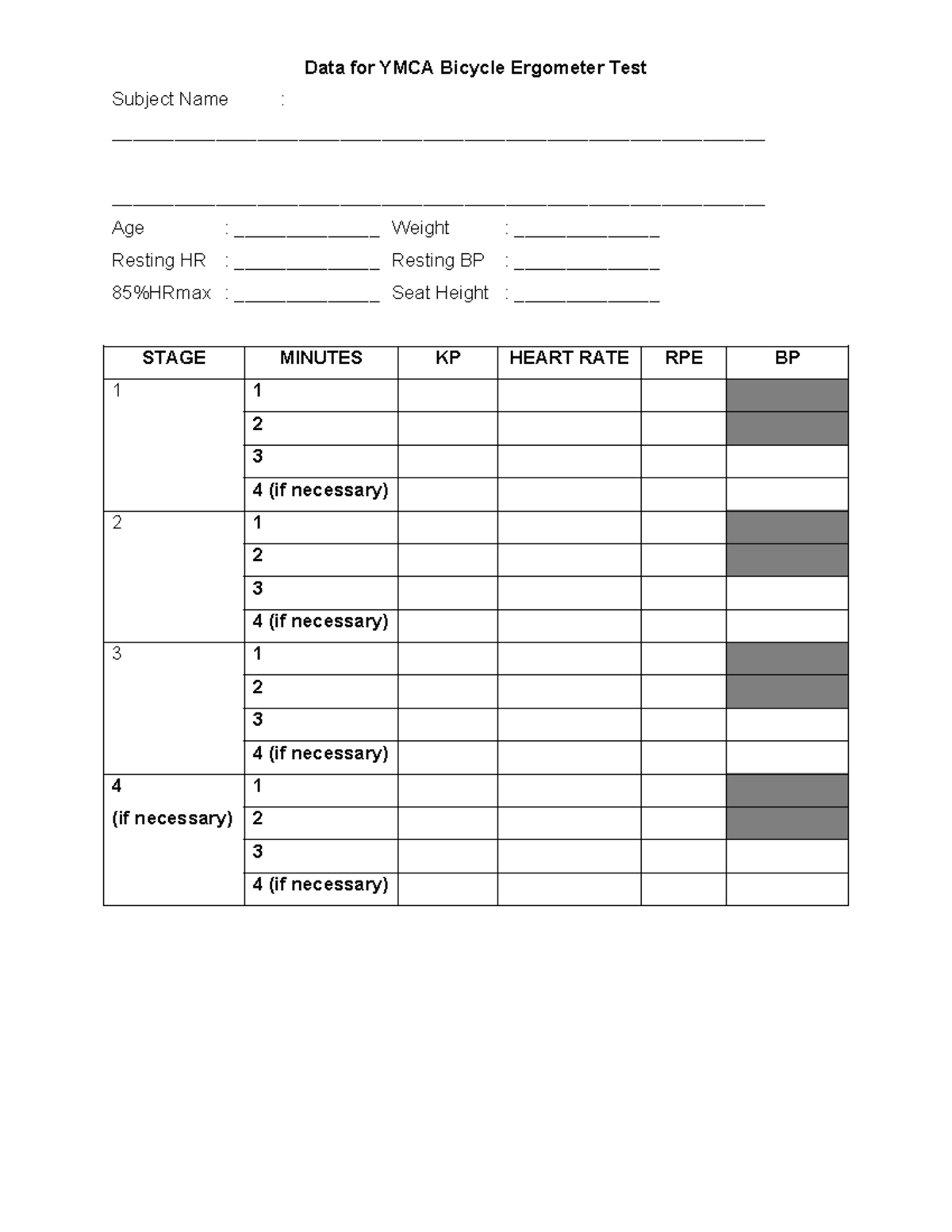 YMCA Bicycle Ergometer Test Assessment Forms SPS609 - Studocu