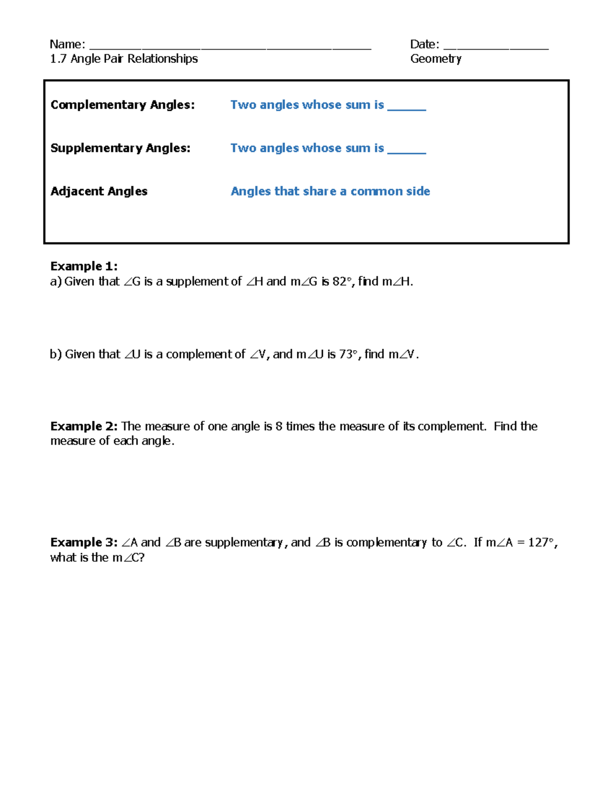 Geometry 1.7 Angle Pair Relationships: Homework & Exercises - Studocu