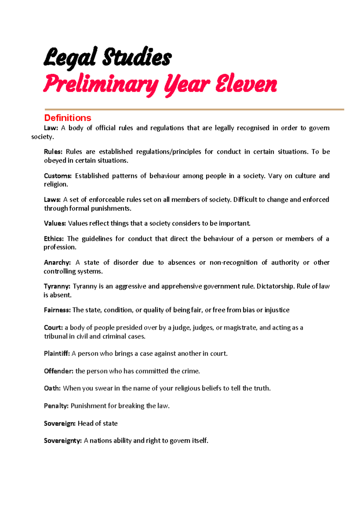 Legal Studies Prelim Notes 1: Key Concepts and Terminology - Studocu