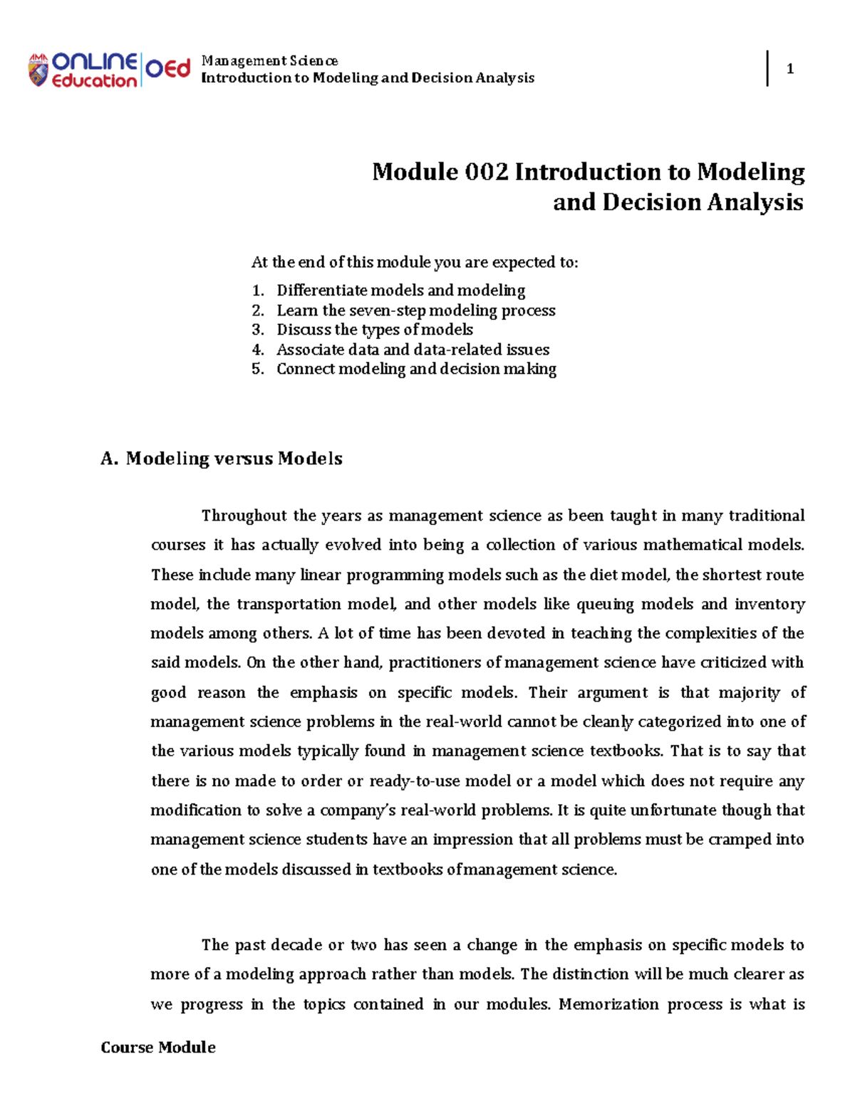 W2 Module 002: Intro to Modeling & Decision Analysis Summary - Studocu