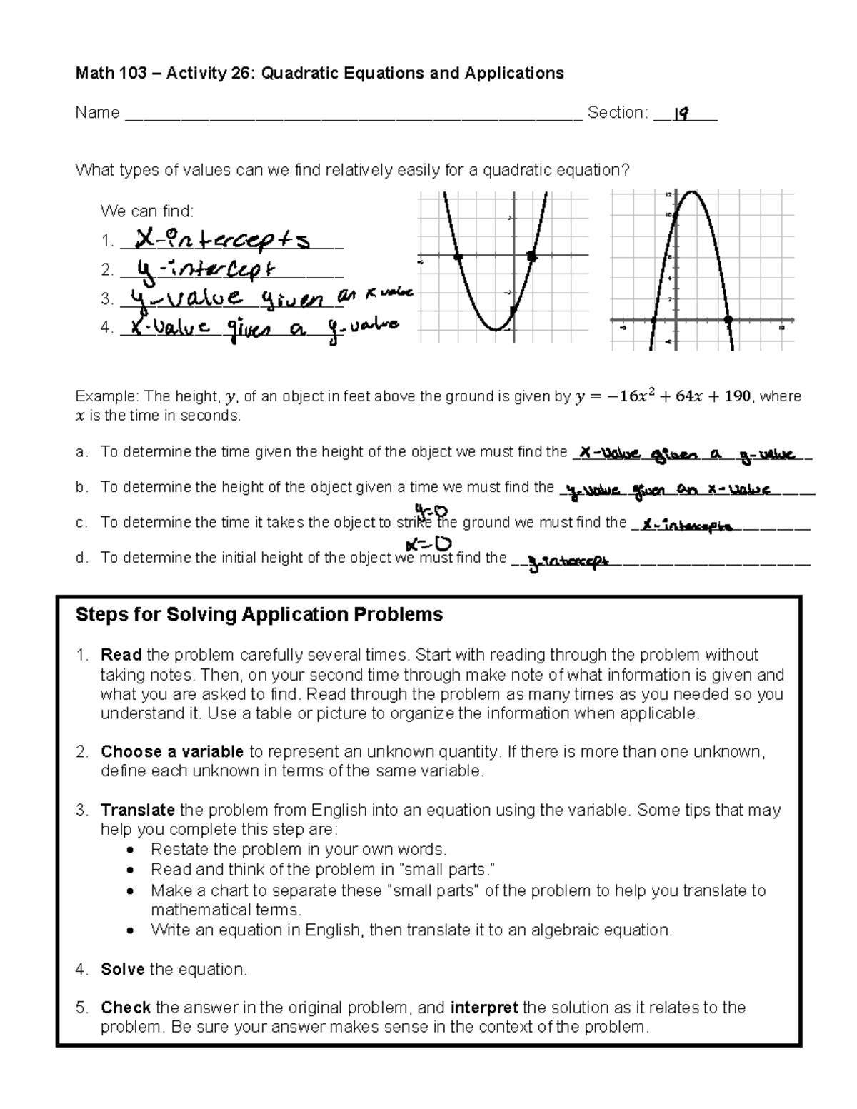 Math 103 - Activity 26: Solving Quadratic Equations & Applications ...
