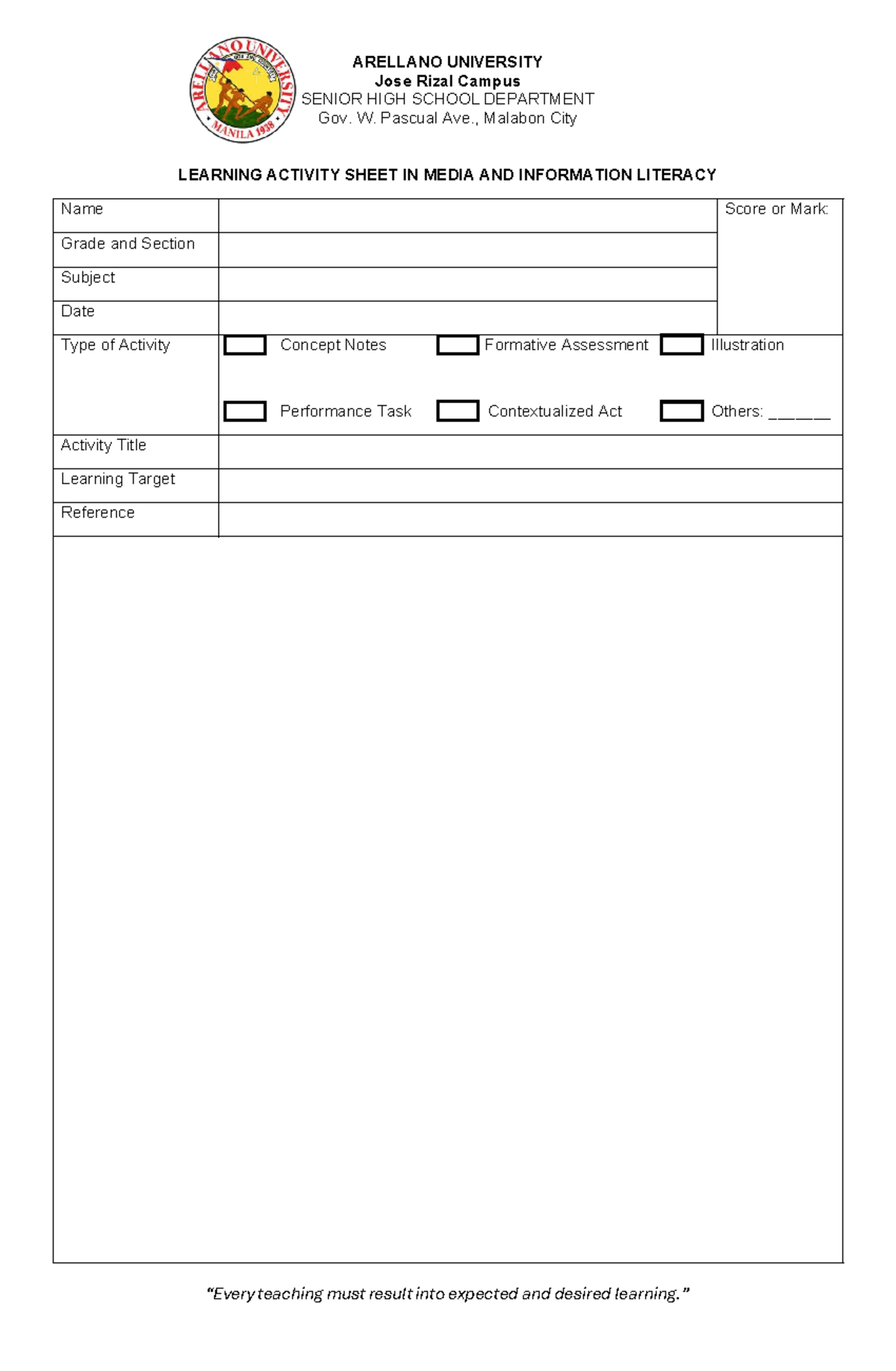 LAS-SHS - Our LAS or Learning Activity Sheet - ARELLANO UNIVERSITY Jose ...