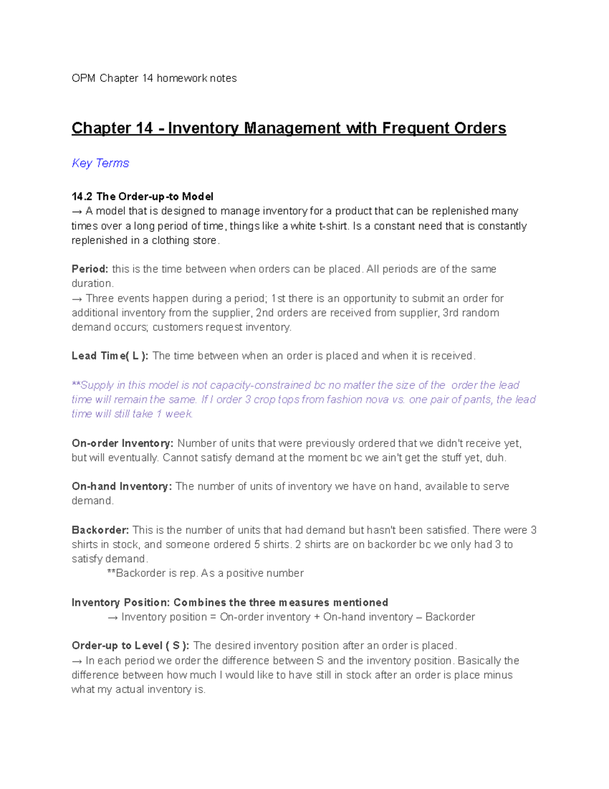 OPM CH 14: Inventory Management & Key Terms Overview Notes - Studocu