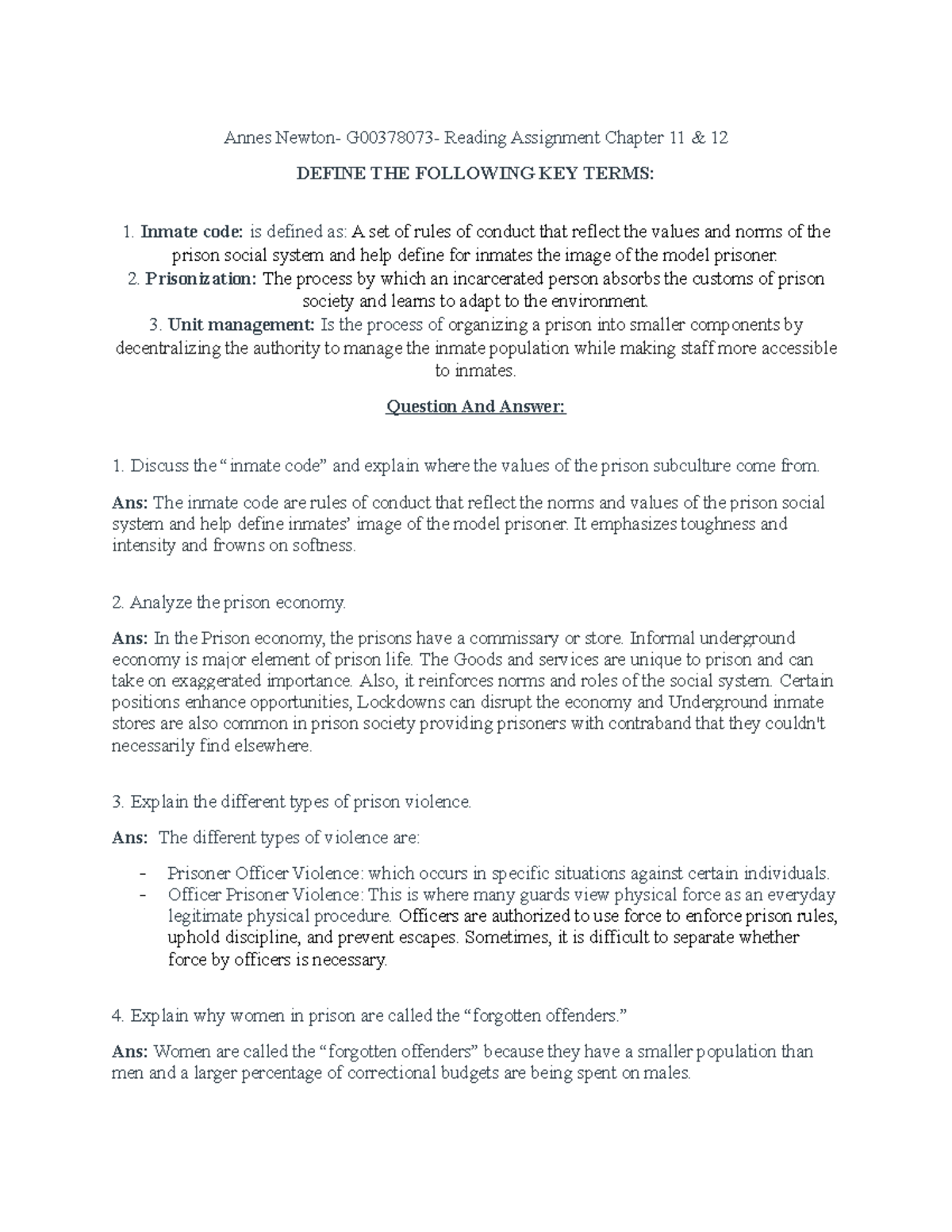 Corrections reading assignment chapter 11 and 12 - Annes Newton- G00378073- Reading Assignment ...