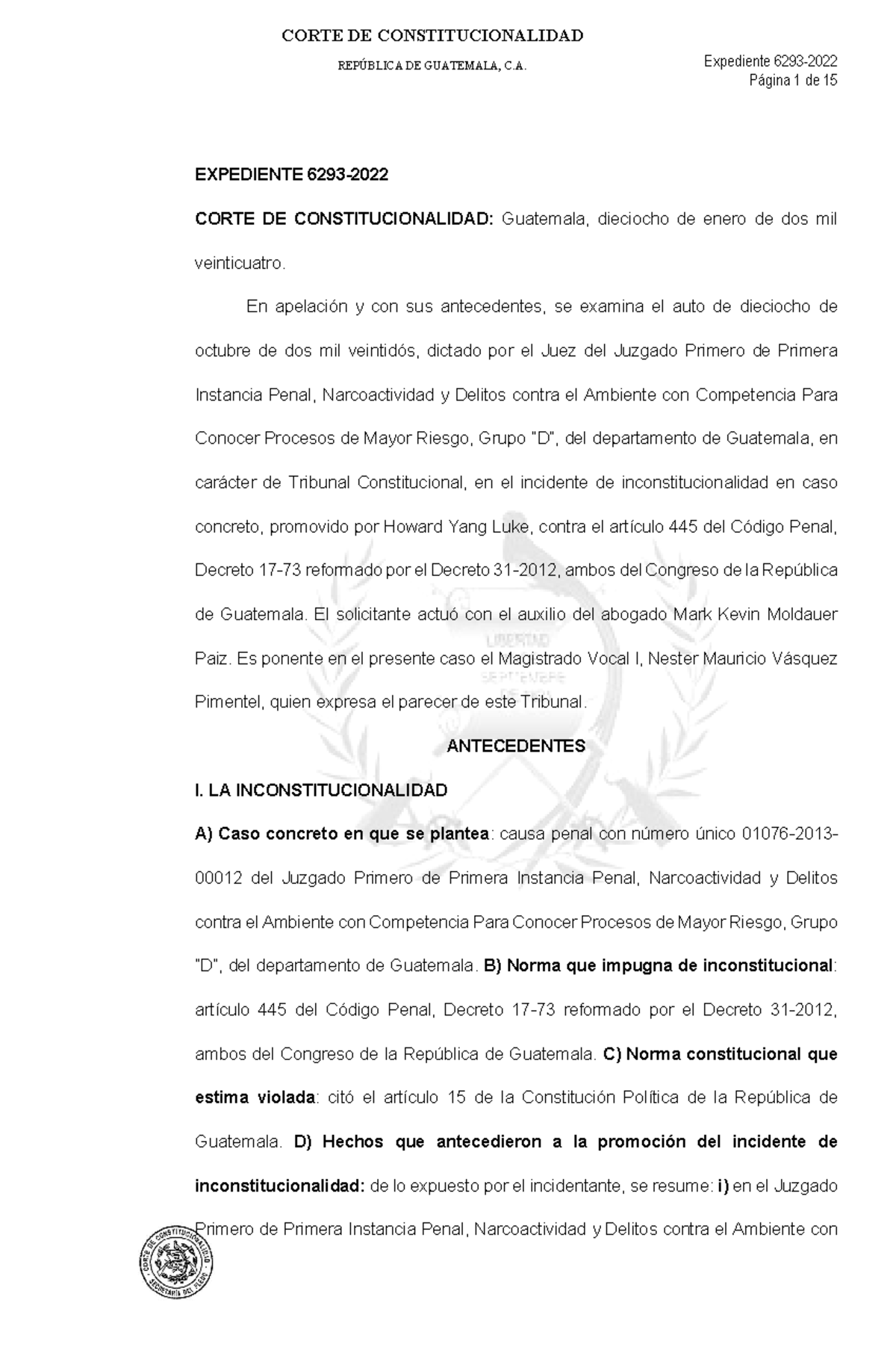 CORTE DE CONSTITUCIONALIDAD: Caso Howard Yang Luke (Expediente 6293 ...