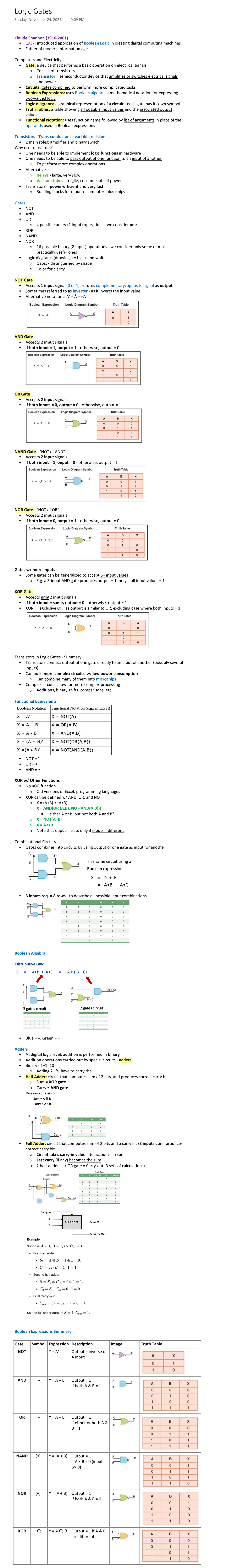 Eecs1520 Logic Gates - notes - Claude Shannon (1916-2001) 1937 ...