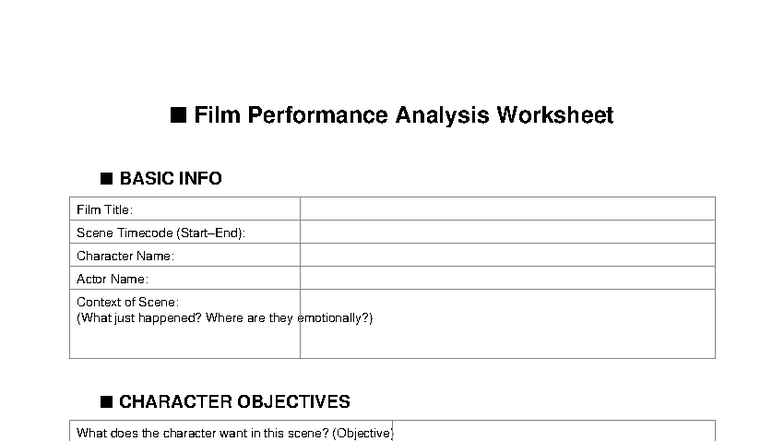 Film Performance Analysis Worksheet: Scene Breakdown & Character Study ...