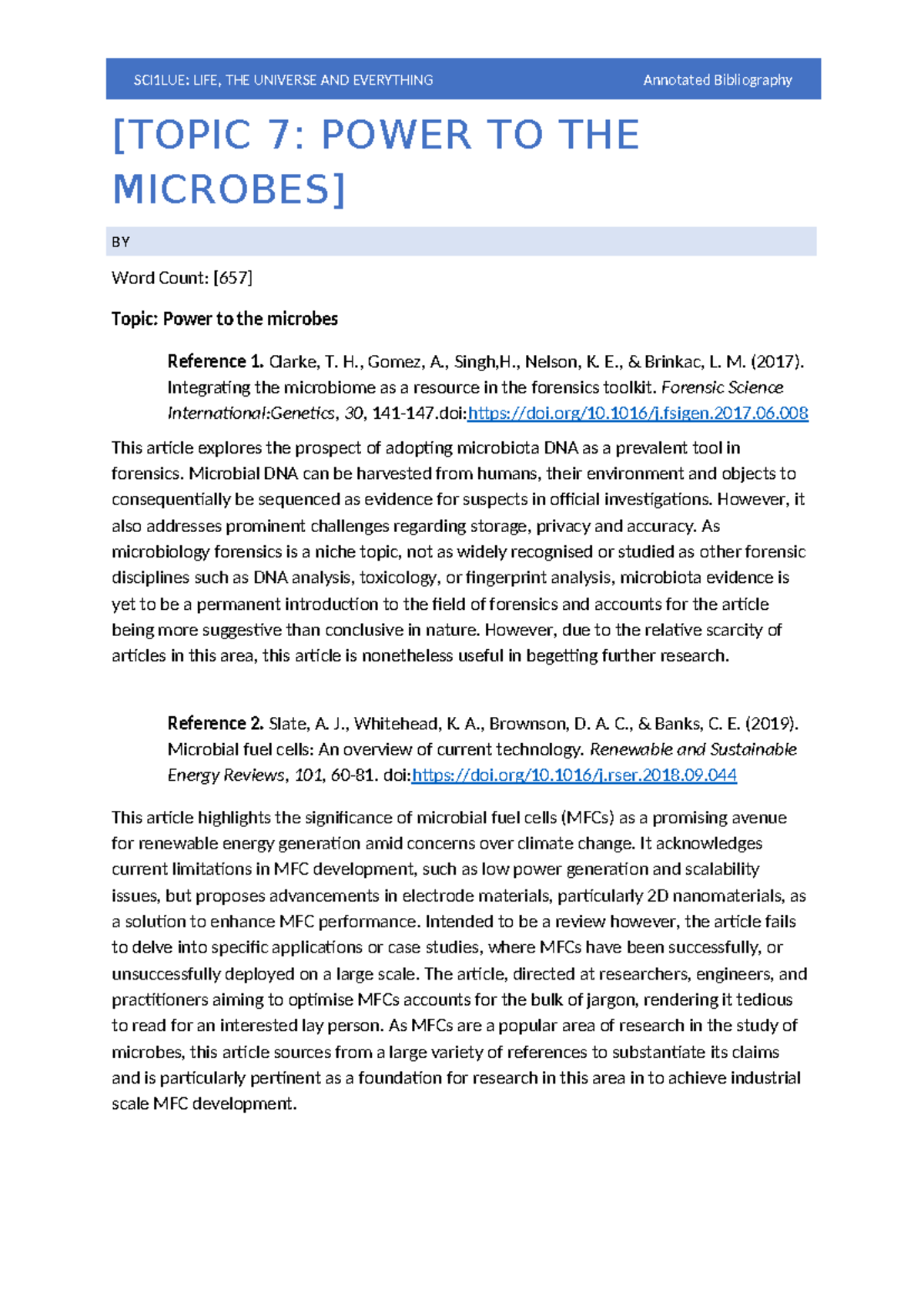 SCI1LUE: LIFE, THE UNIVERSE AND EVERYTHING Annotated Bibliography on ...