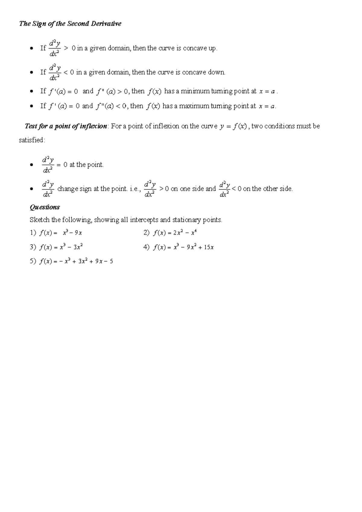 0216-2nd-Derivative: Concavity, Turning Points & Inflexion Points - Studocu